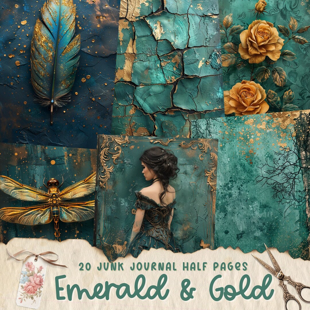 Emerald and Gold Mixed Media Junk Journal Half Pages, Digital Papers ...