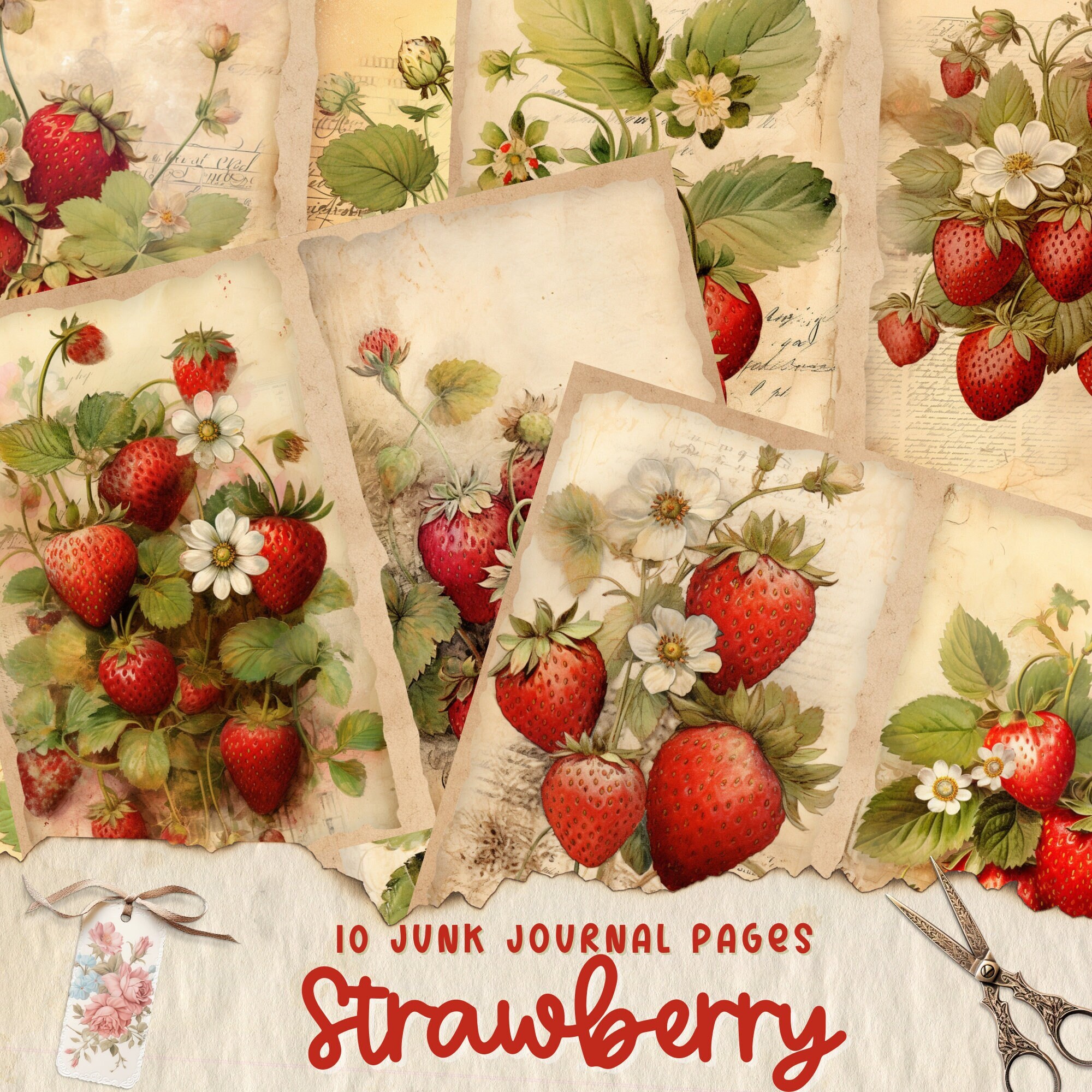 Strawberries Junk Journal Pages, Digital Scrapbook Paper Kit, Fruit ...