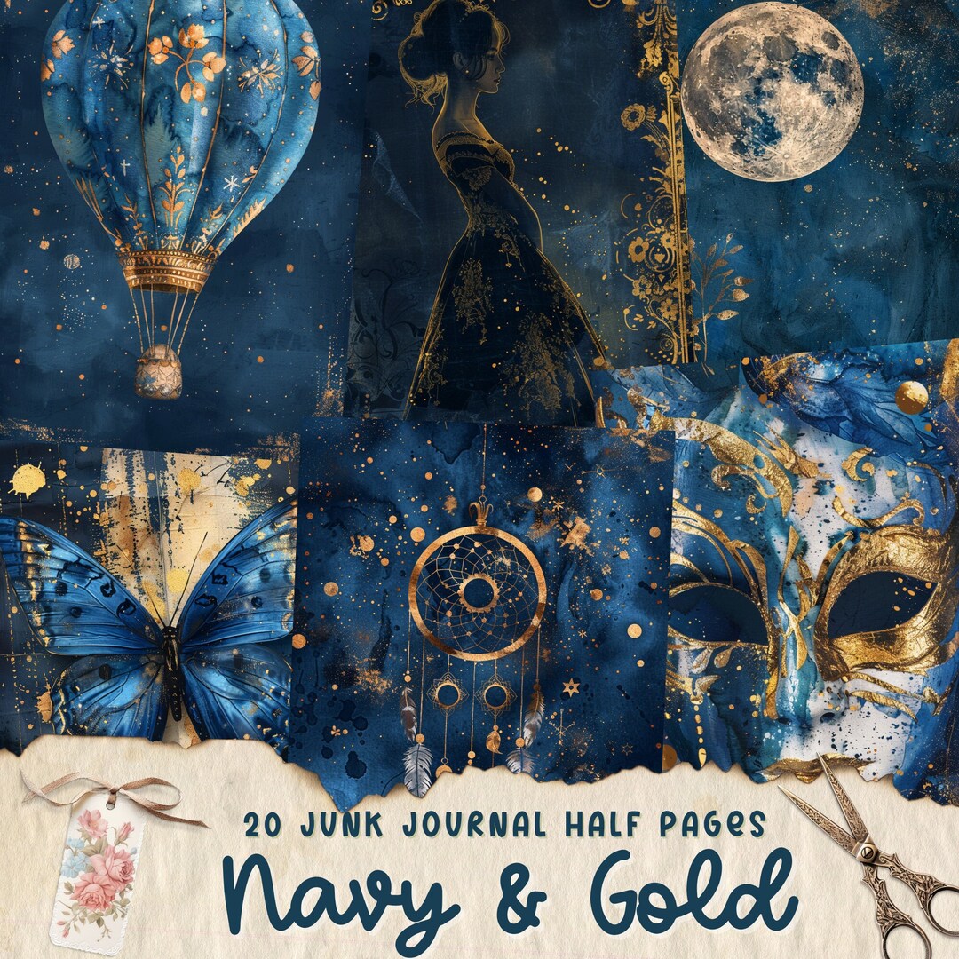 Navy and Gold Mixed Media Junk Journal Half Pages, Digital Papers ...