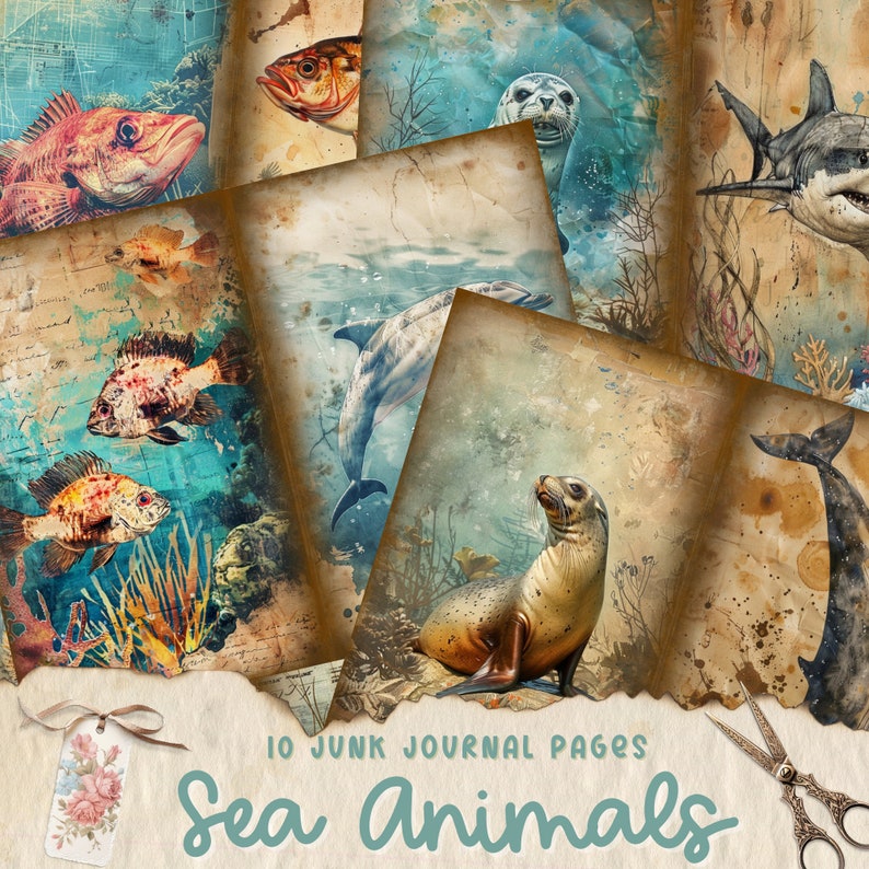 Ocean Animal Junk Journal Bundle, Background Paper, Digital Paper ...