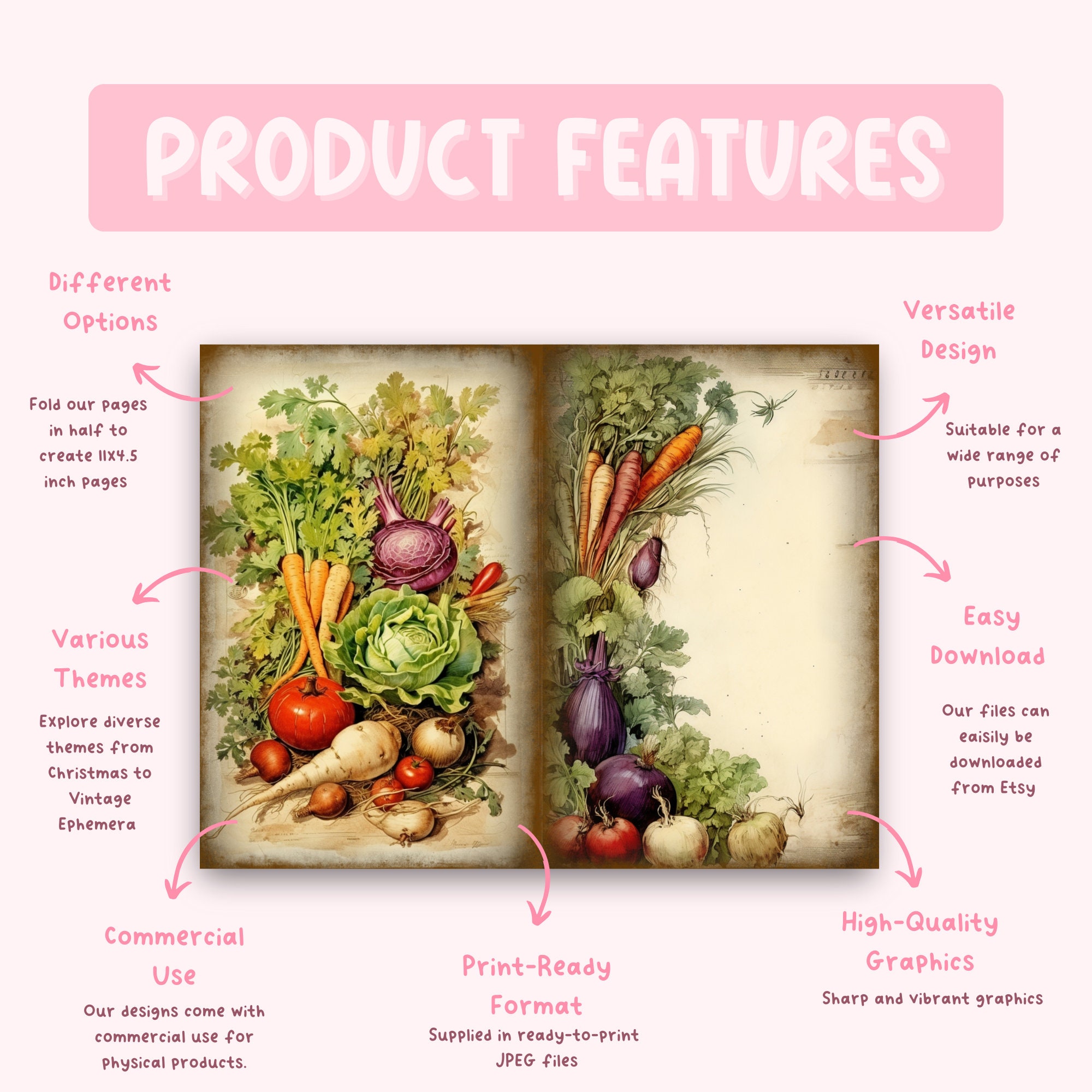 Vegetable Junk Journal Pages, Digital Scrapbook Paper Kit, Cooking ...