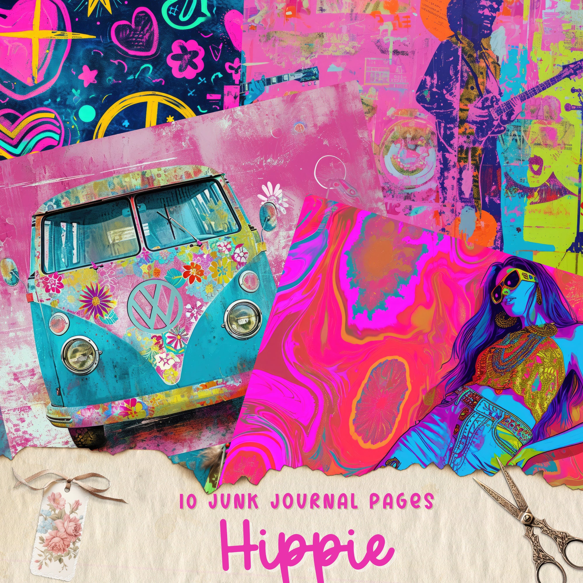 Hippie Junk Journal Pages | Printable Journal Kit | Digital Paper Pack ...