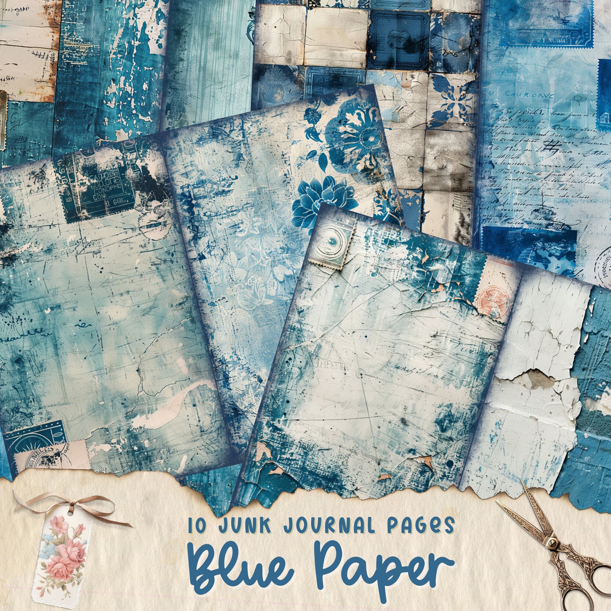 Pale Blue Junk Journal Pages, Scrapbook Images, Collage Paper, Digital ...