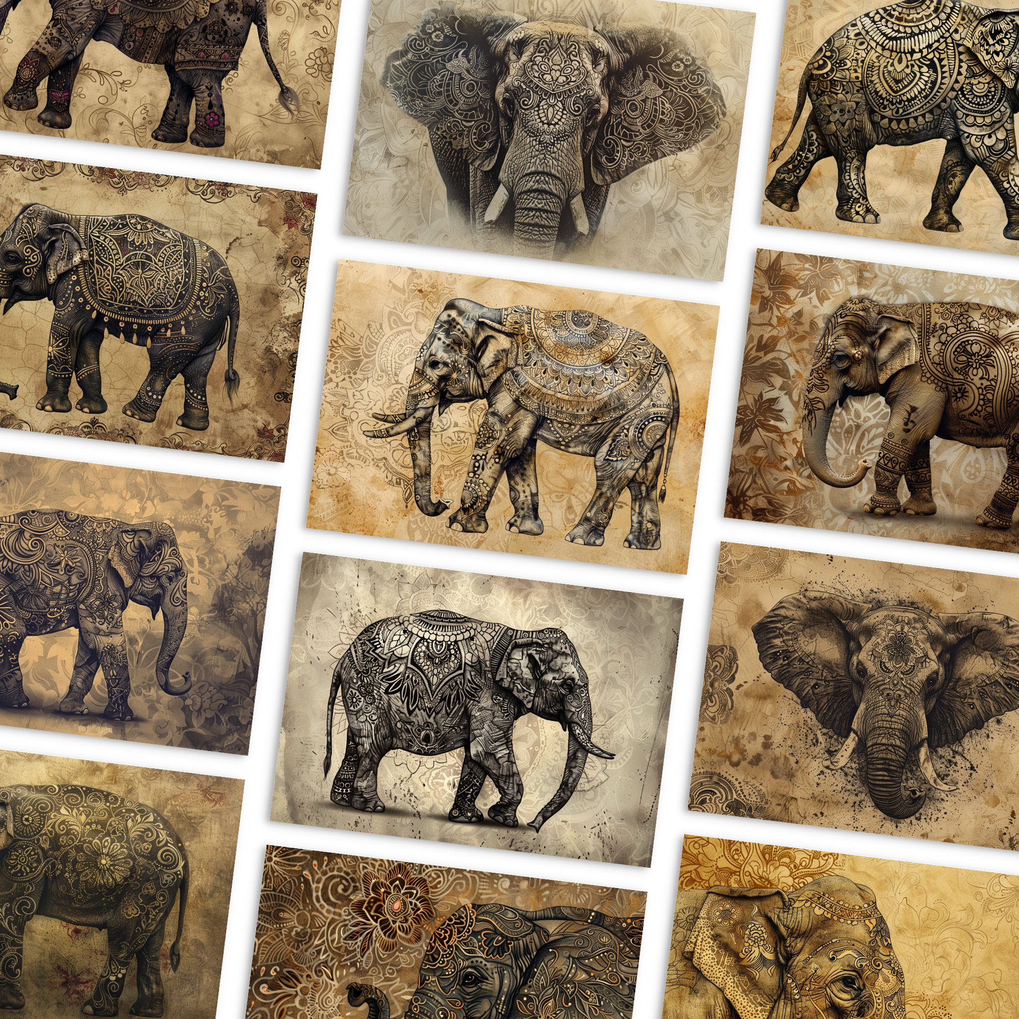 Elephant Junk Journal Pages, Henna Pattern, Indian Textures, Ethnic ...