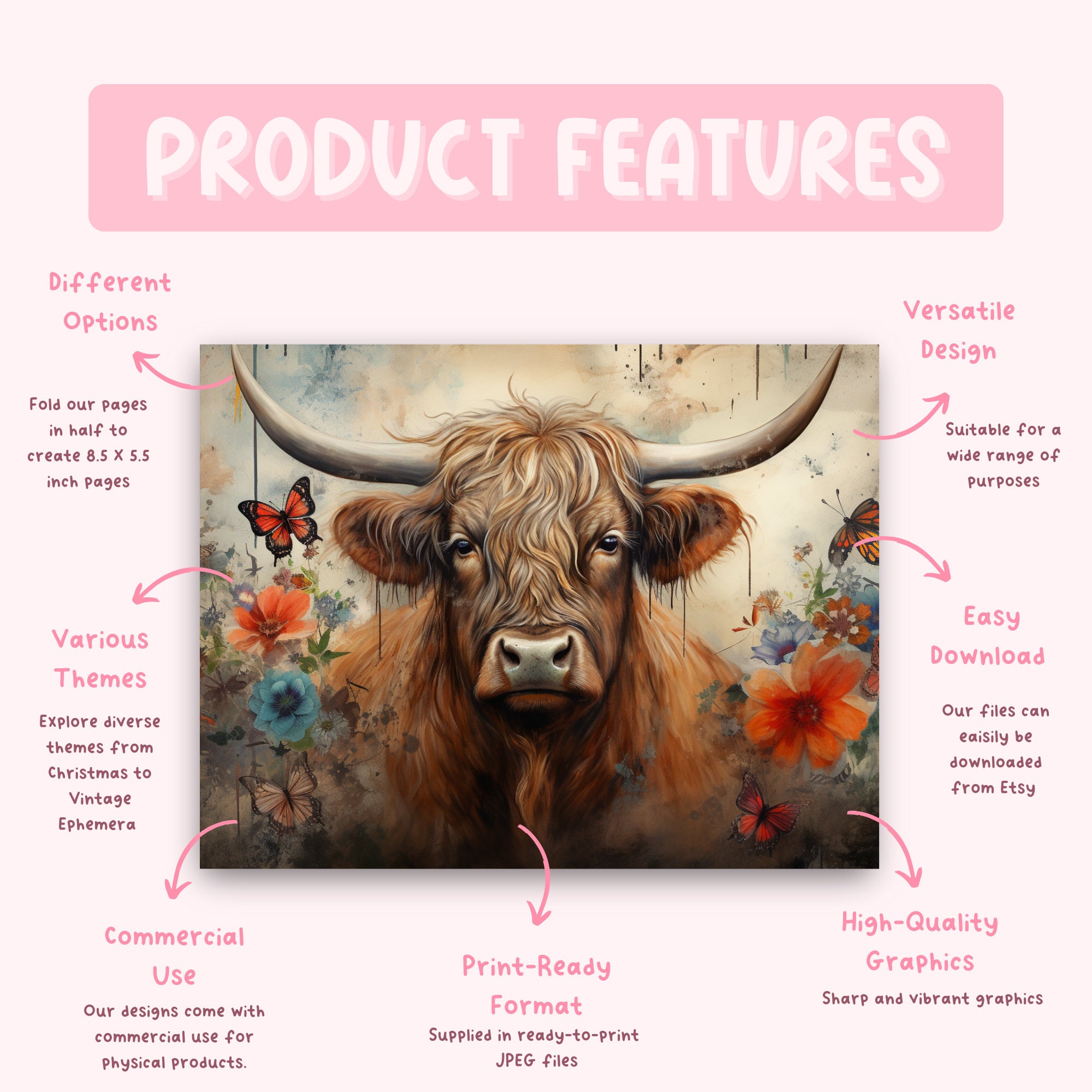 Highland Cow Junk Journal Pages, Vintage Floral Journal Papers, Junk ...