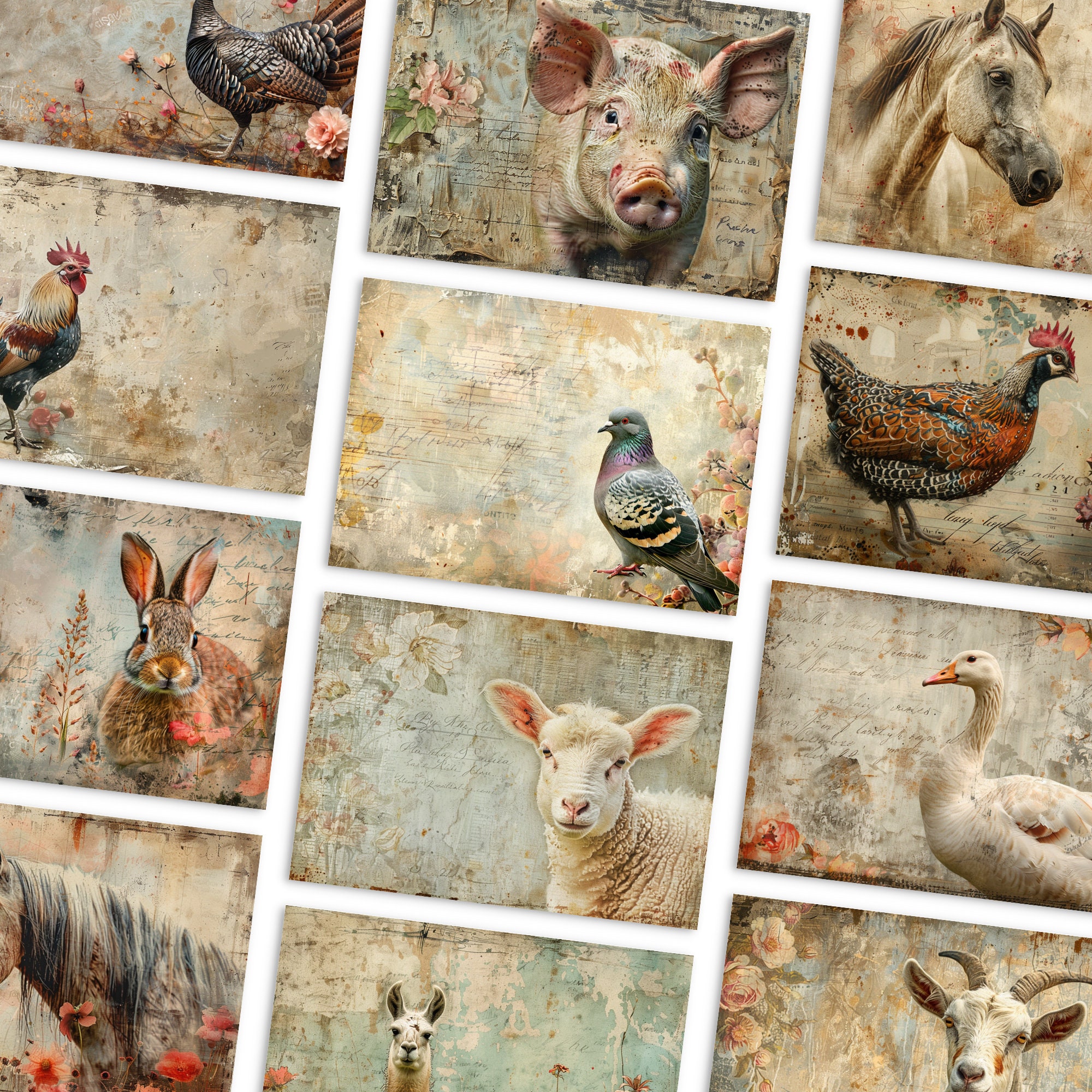 Farm Animal Junk Journal Page Bundle, Scrap Book Printable, Animal ...