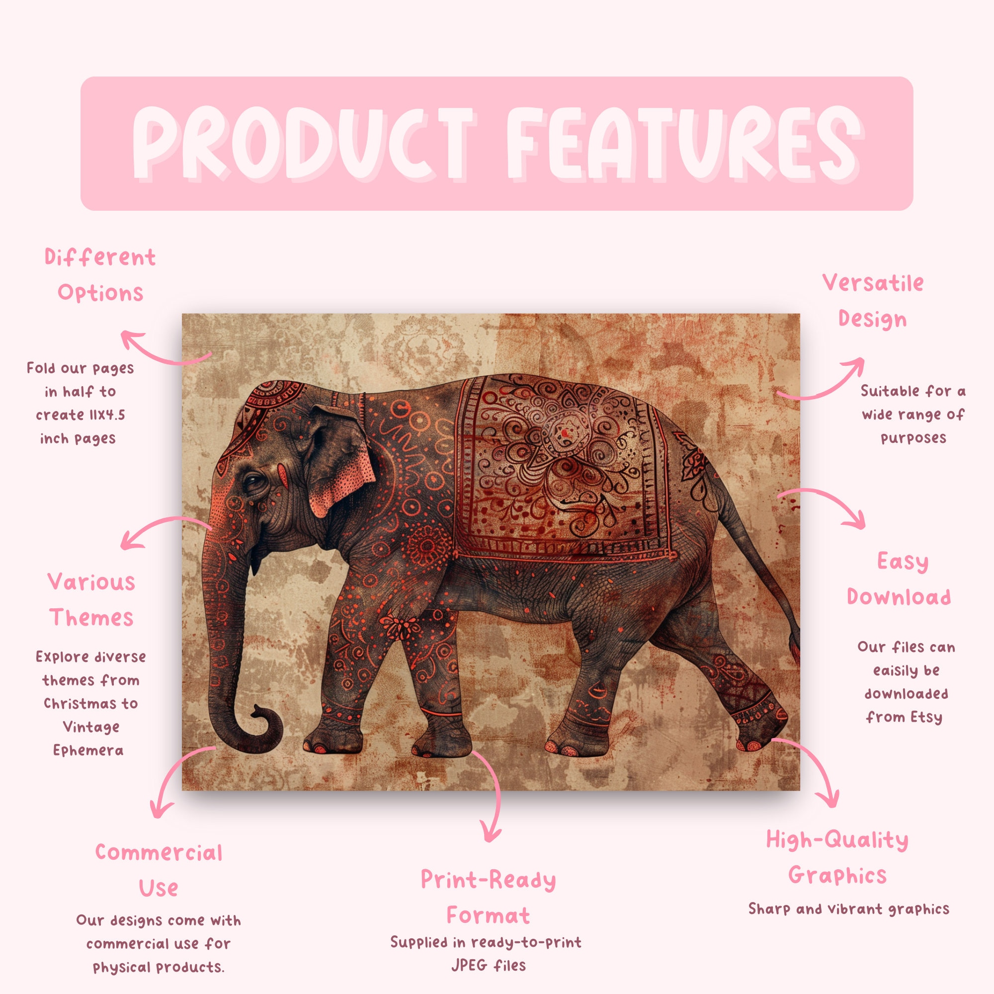 Elephant Junk Journal Pages, Henna Pattern, Indian Textures, Ethnic ...