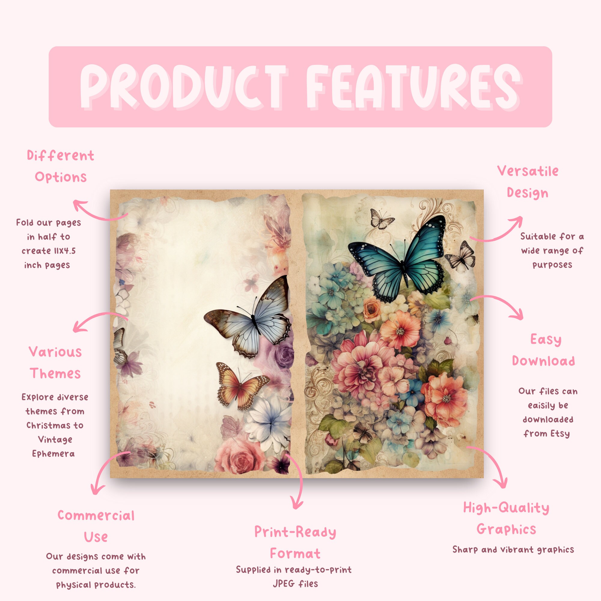 Floral Butterfly Junk Journal Paper, Fantasy Butterfly Journal Pages ...