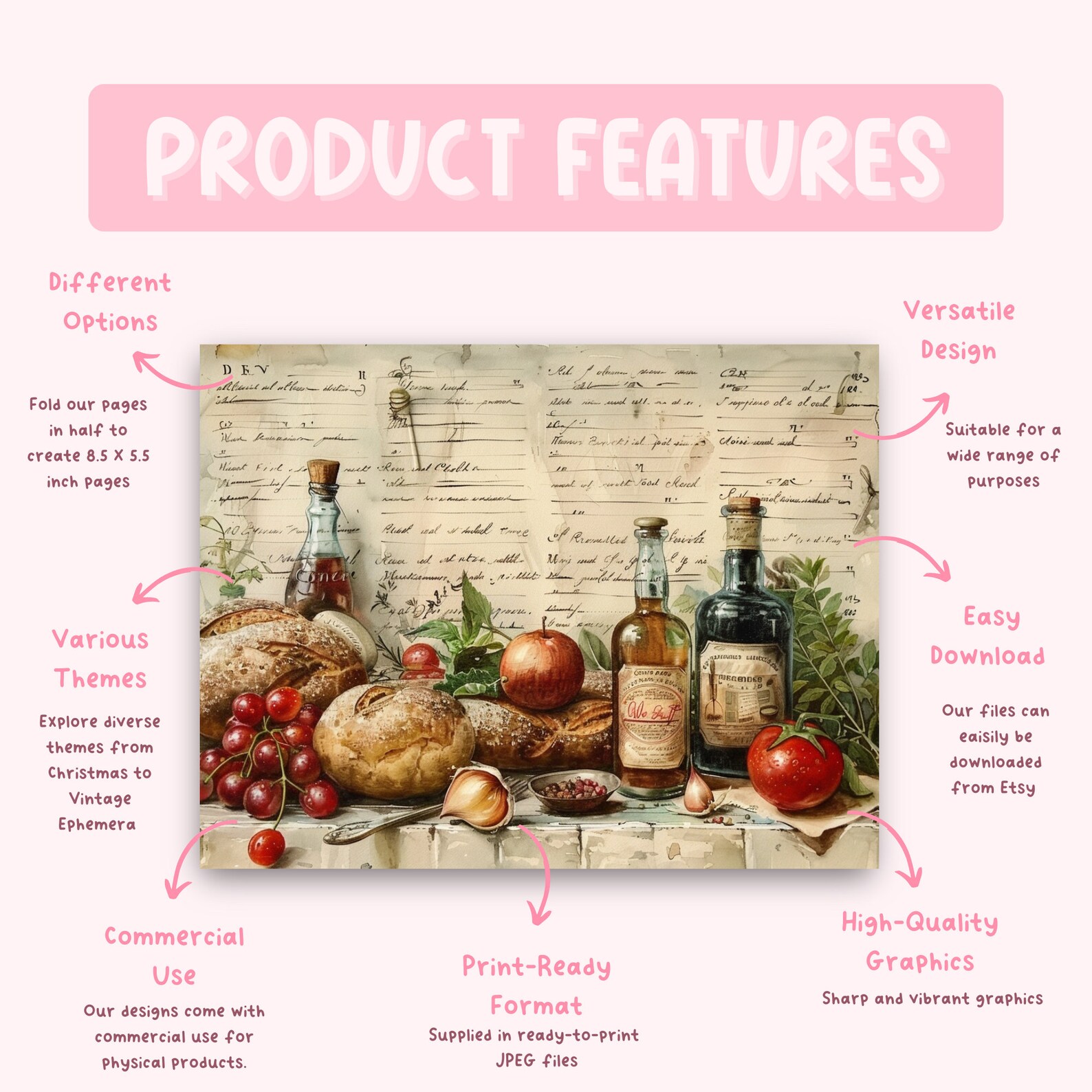 Vintage Cookbook Junk Journal, Watercolor Food Page, Cooking Digital ...