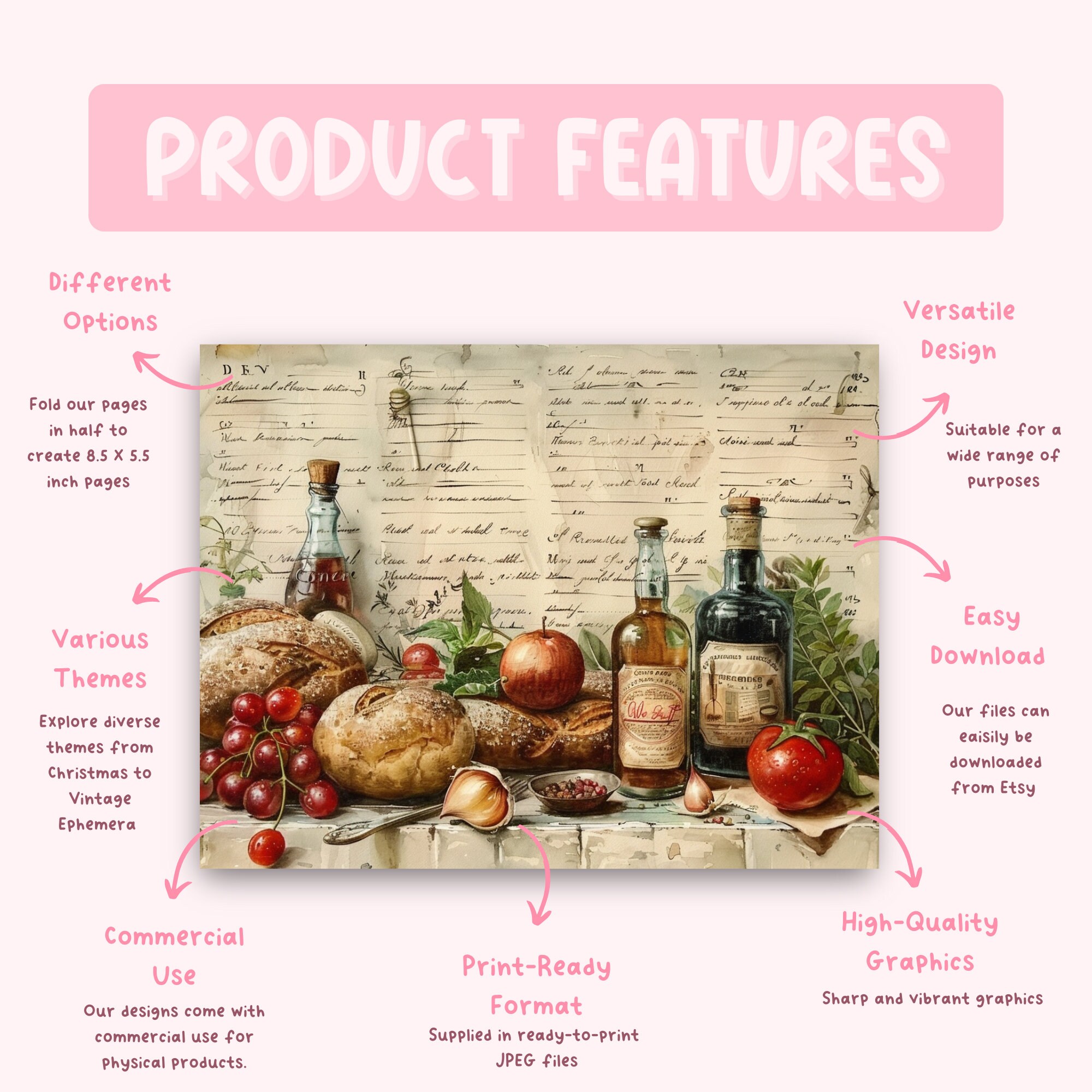 Vintage Cookbook Junk Journal, Watercolor Food Page, Cooking Digital ...