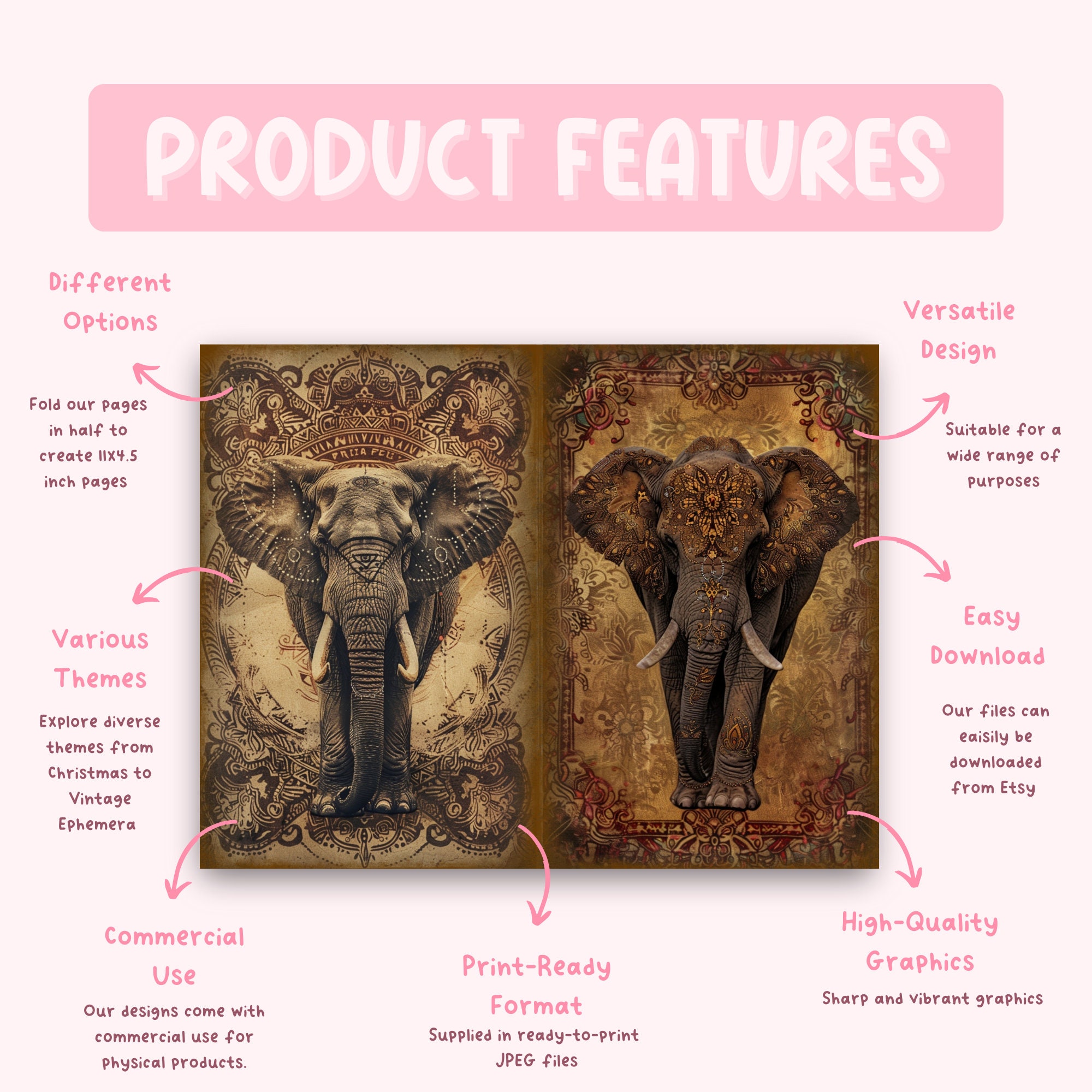 Elephant Junk Journal Pages, Henna Pattern, Indian Textures, Ethnic ...