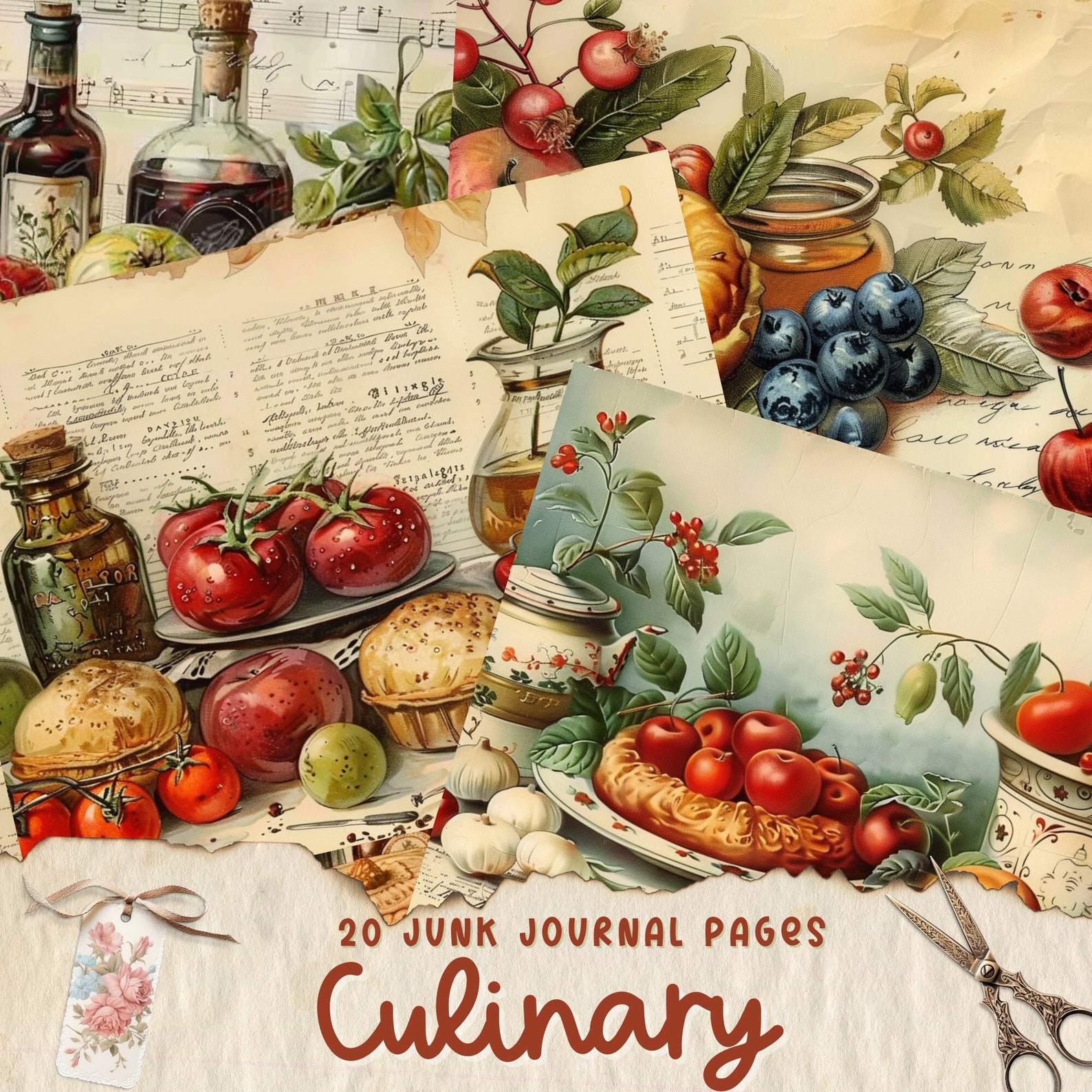 Vintage Cookbook Junk Journal, Watercolor Food Page, Cooking Digital ...