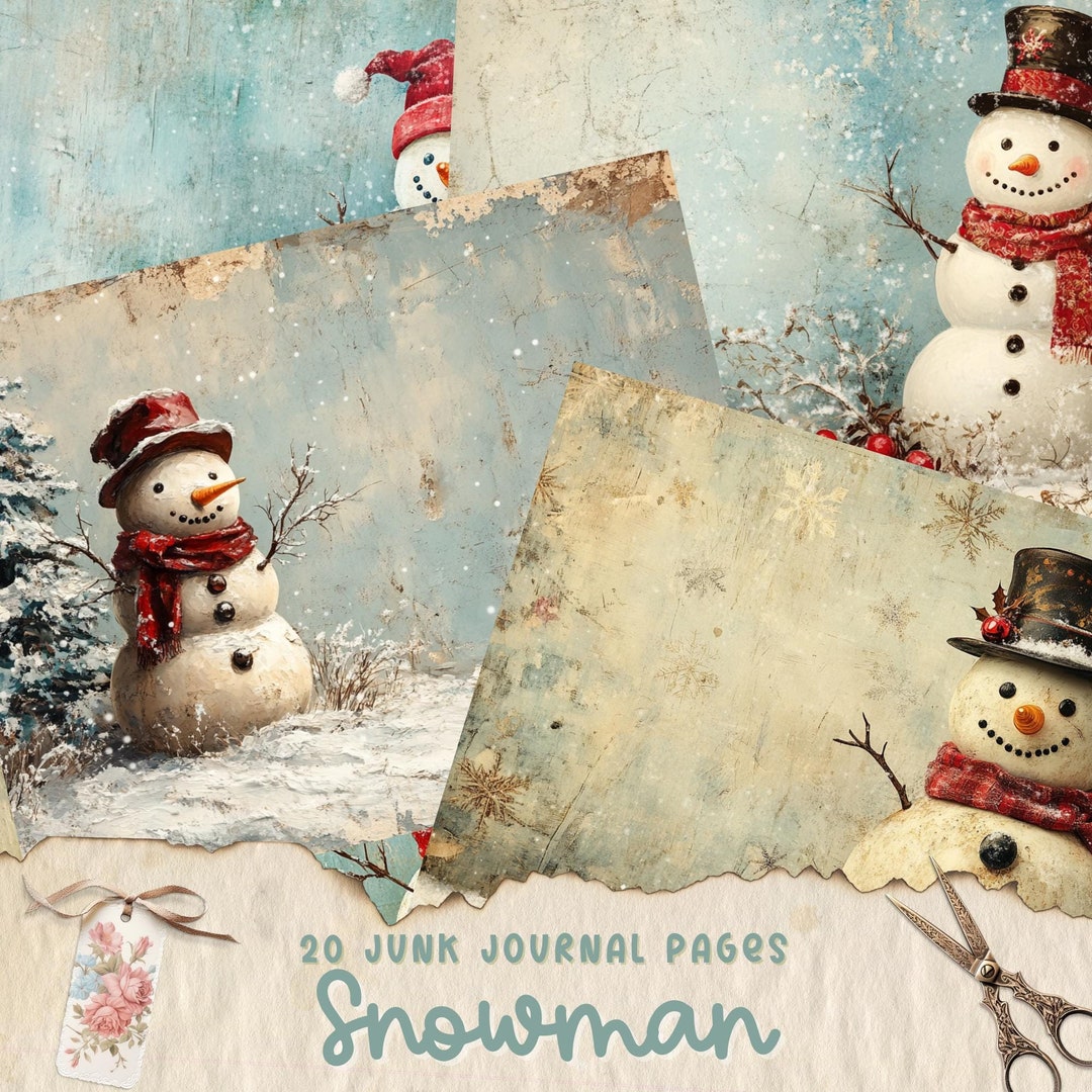 Snowman Junk Journal Pages, Digital Scrapbook Paper Kit, Christmas ...