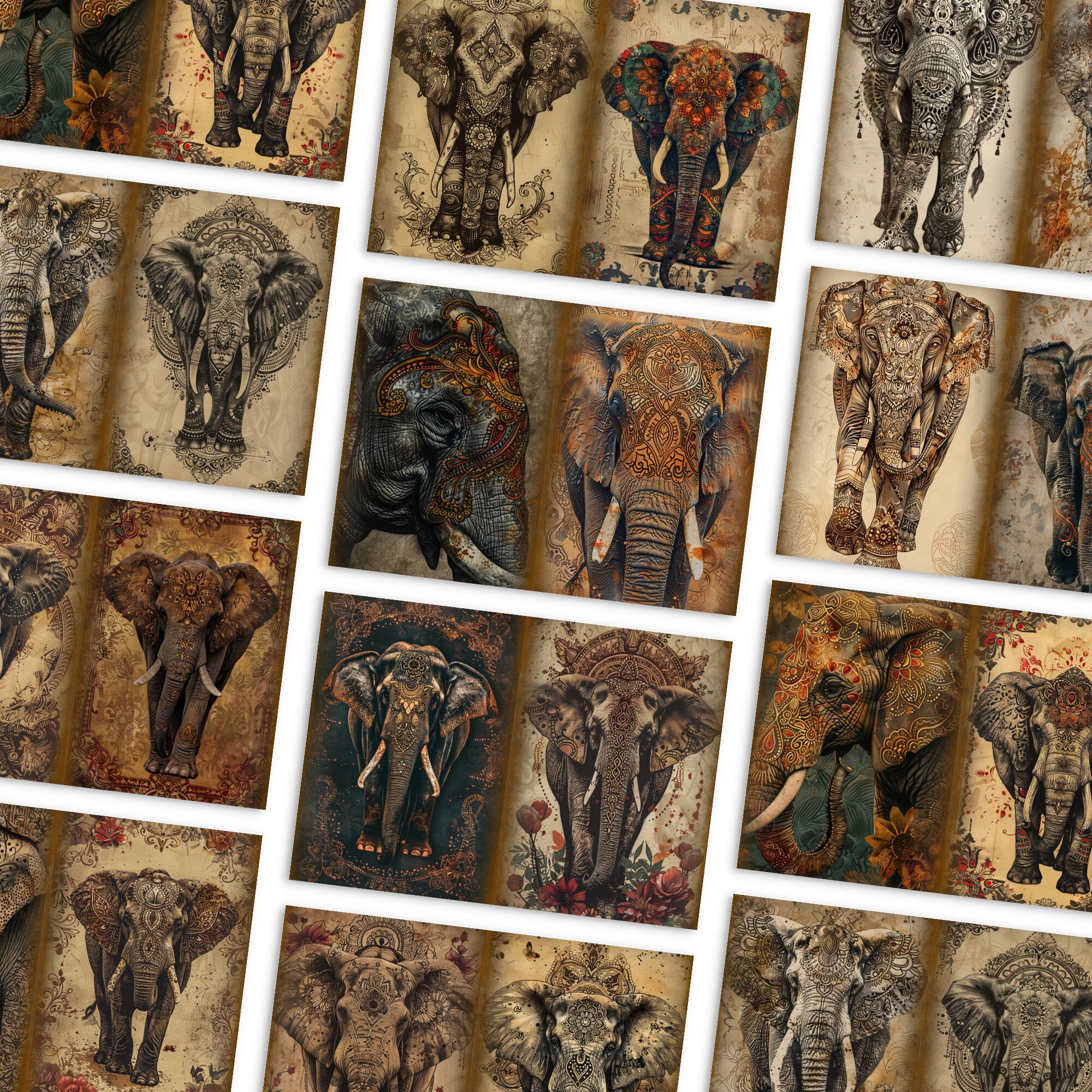 Elephant Junk Journal Pages, Henna Pattern, Indian Textures, Ethnic ...