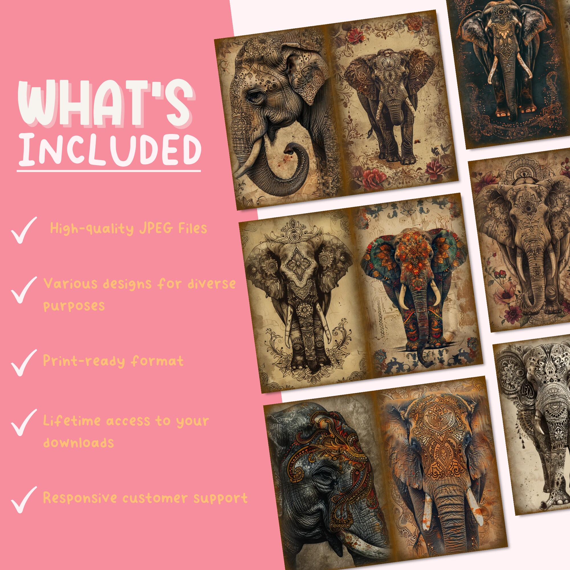 Elephant Junk Journal Pages, Henna Pattern, Indian Textures, Ethnic ...