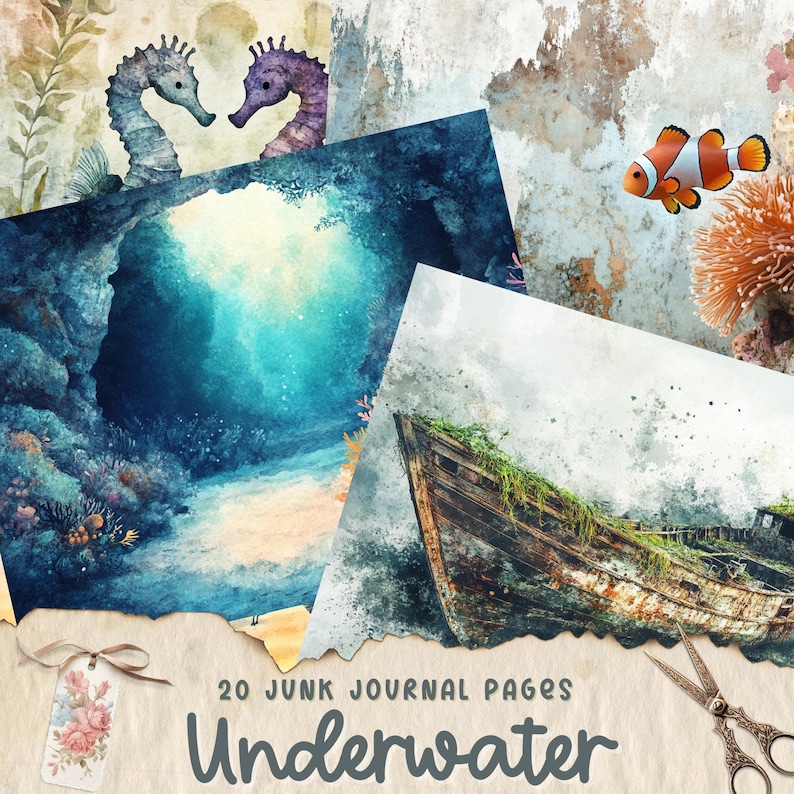 Underwater Junk Journal Pages, Digital Ocean Themed Scrapbook Paper ...