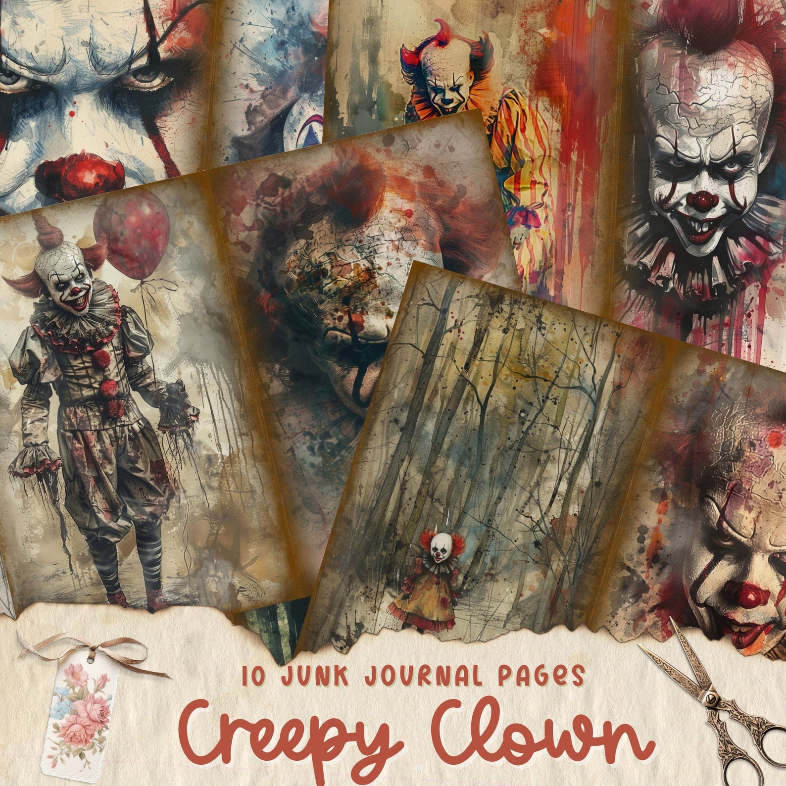 Creepy Clown Junk Journal Printable Pages, Digital Scrapbook Paper Kit ...