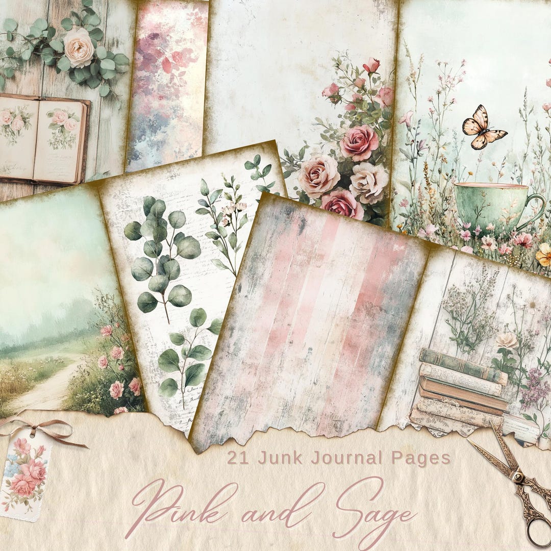Pink and Sage Junk Journal Paper, Pastel Pink Journal Kit, Background ...