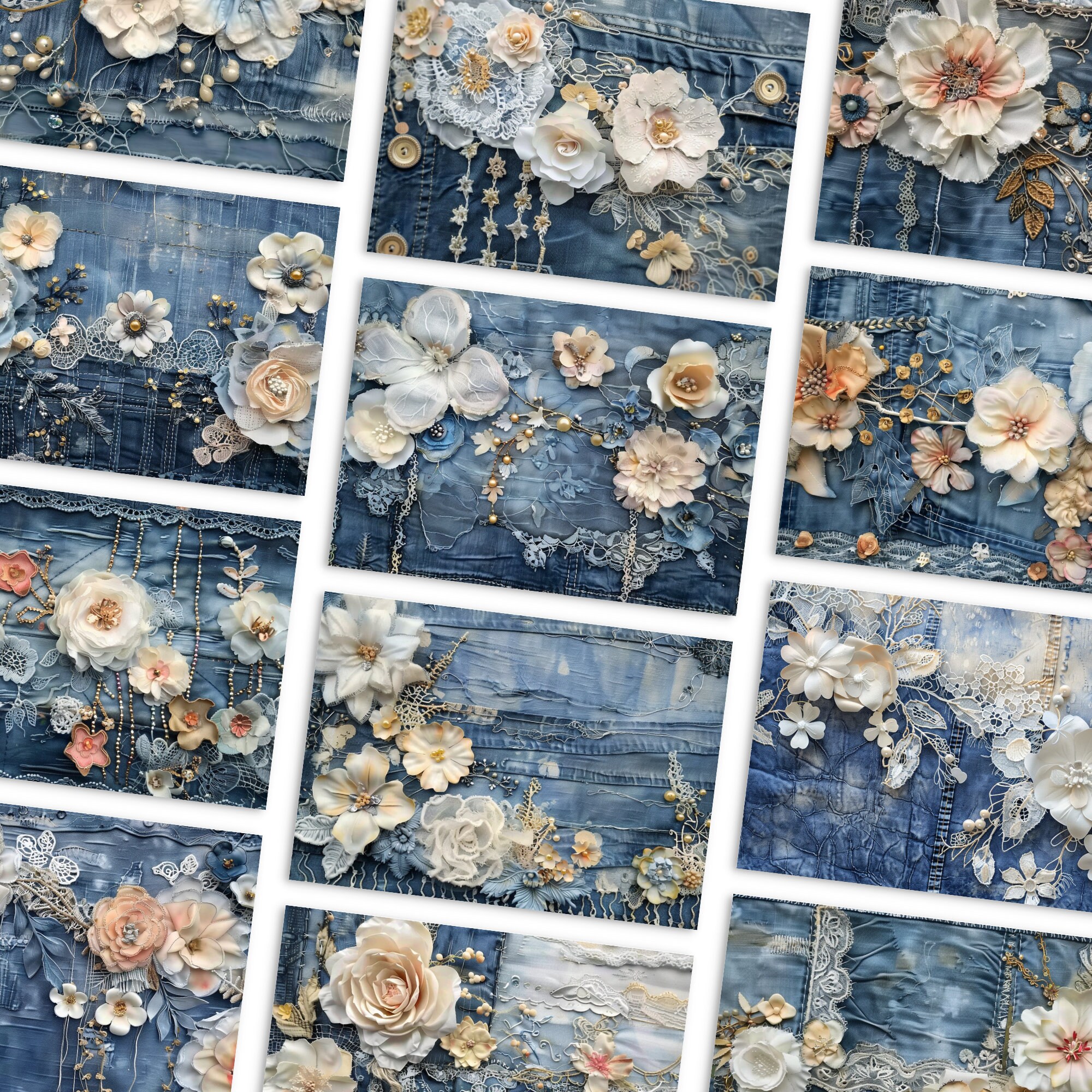 Denim Junk Journal Page Bundle, Textile Collage Sheets, Patchwork ...