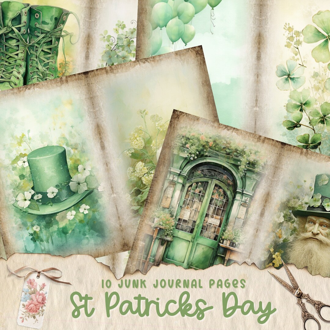 St Patricks Day Junk Journal Pages, Green Printable Journal, Clover ...