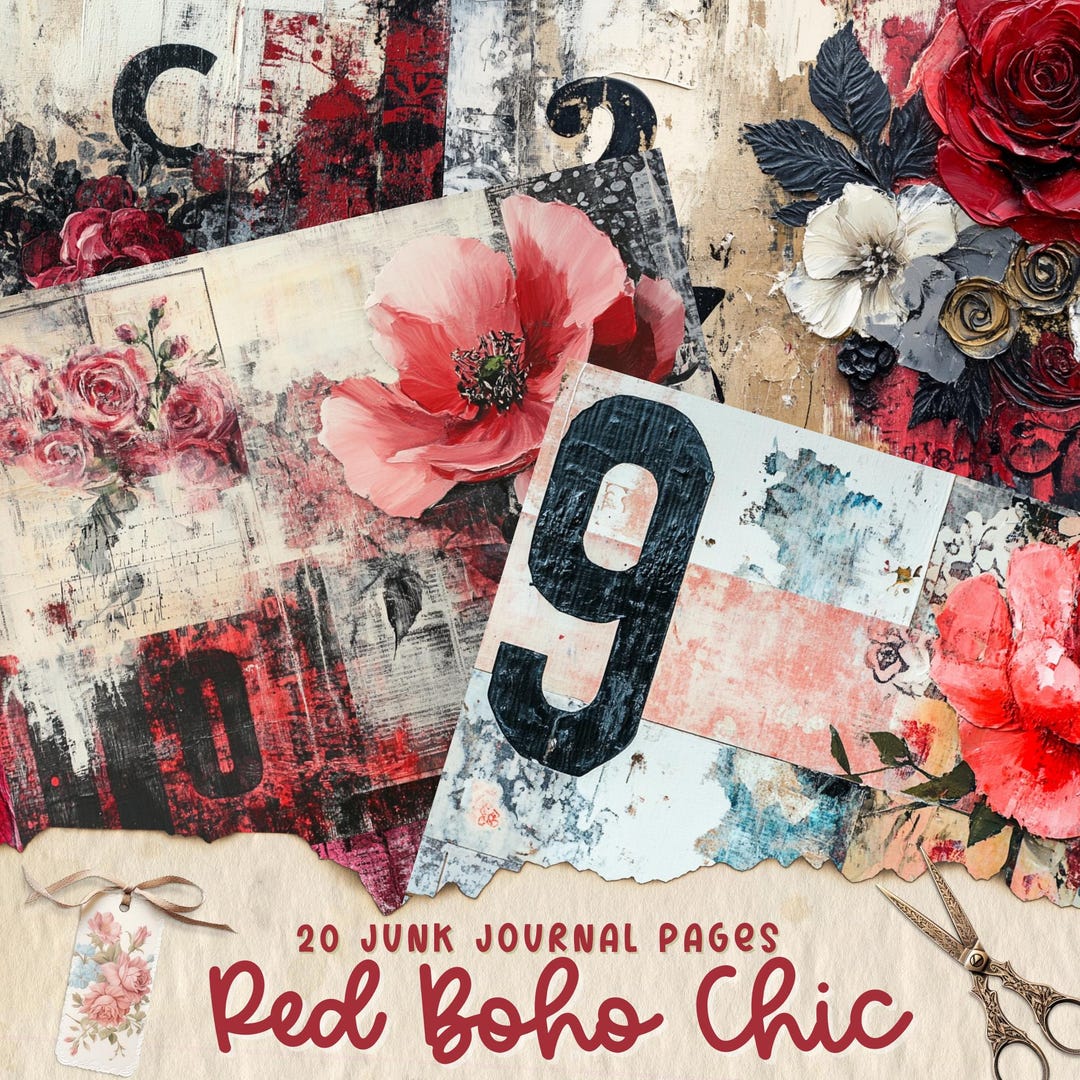 Red Boho Chic Number Junk Journal Printable Pages, Vintage Ephemera ...
