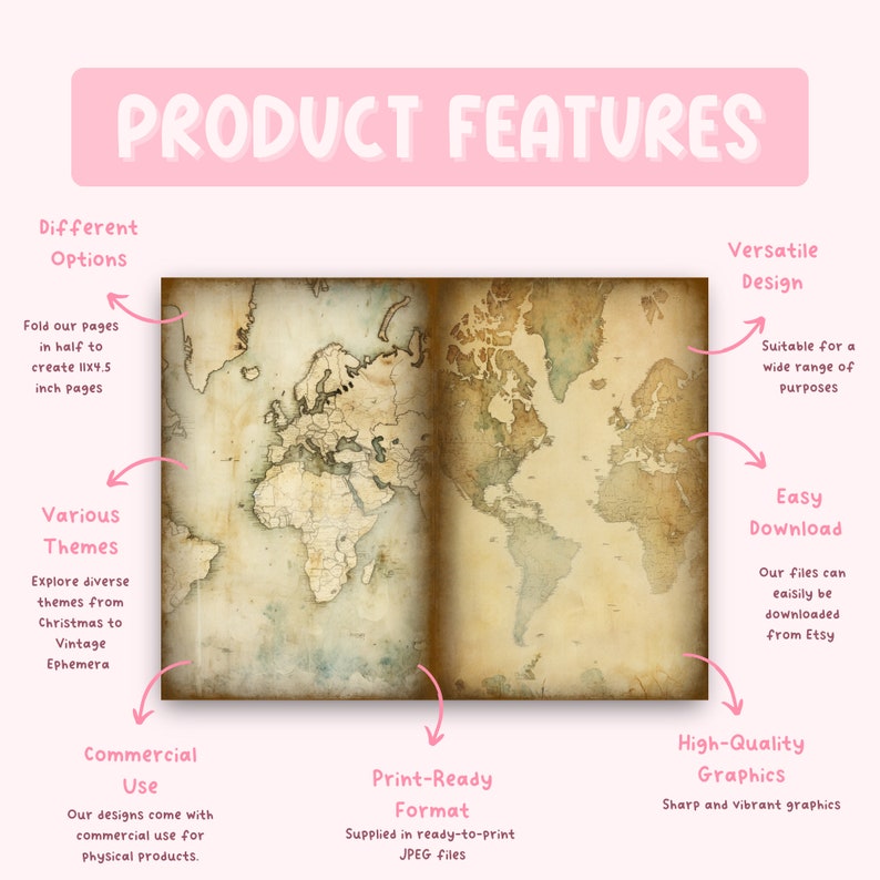 Vintage Map Junk Journal Pages, Printable Antique World Maps, Digital ...