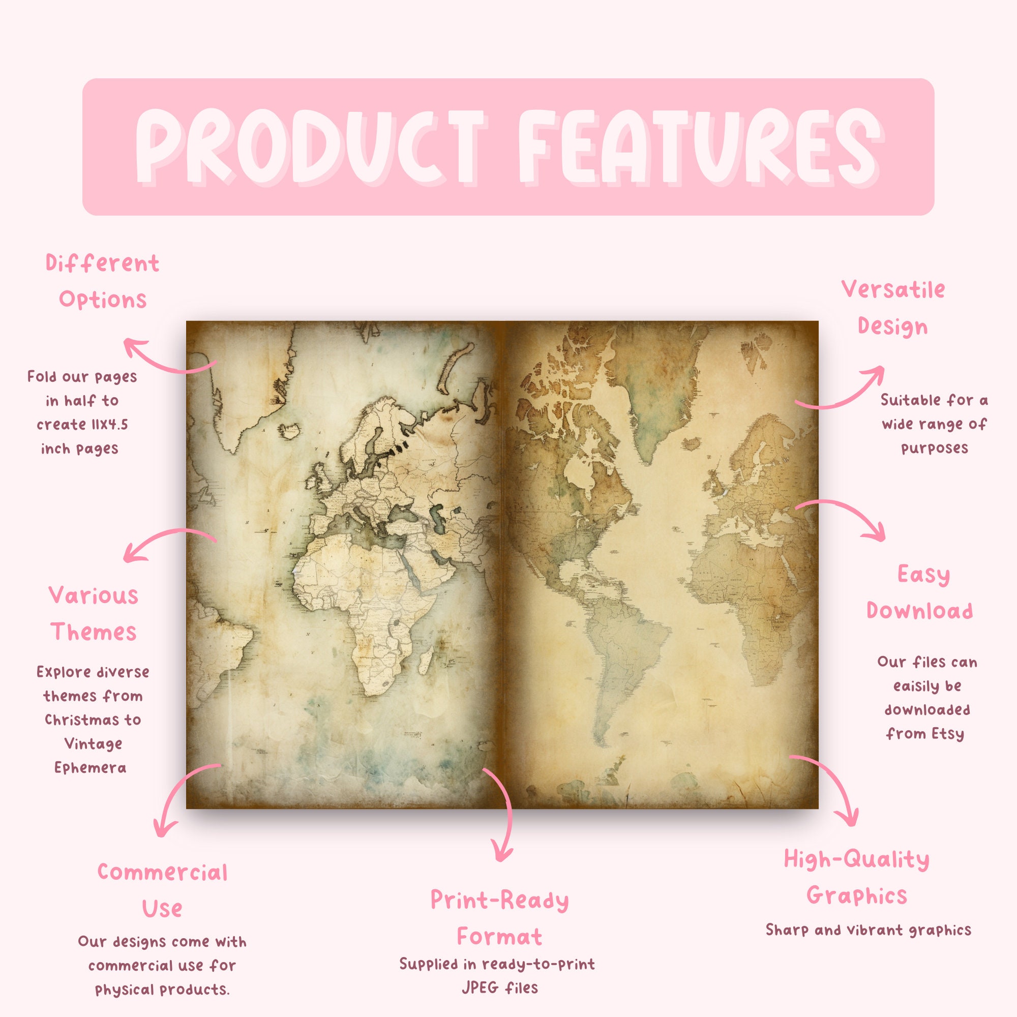 Vintage Map Junk Journal Pages, Printable Antique World Maps, Digital ...