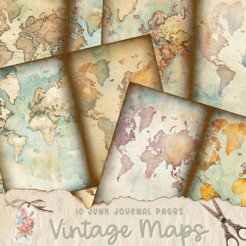 Vintage Map Junk Journal Pages, Printable Antique World Maps, Digital Scrapbook Kit, Old Aged ...