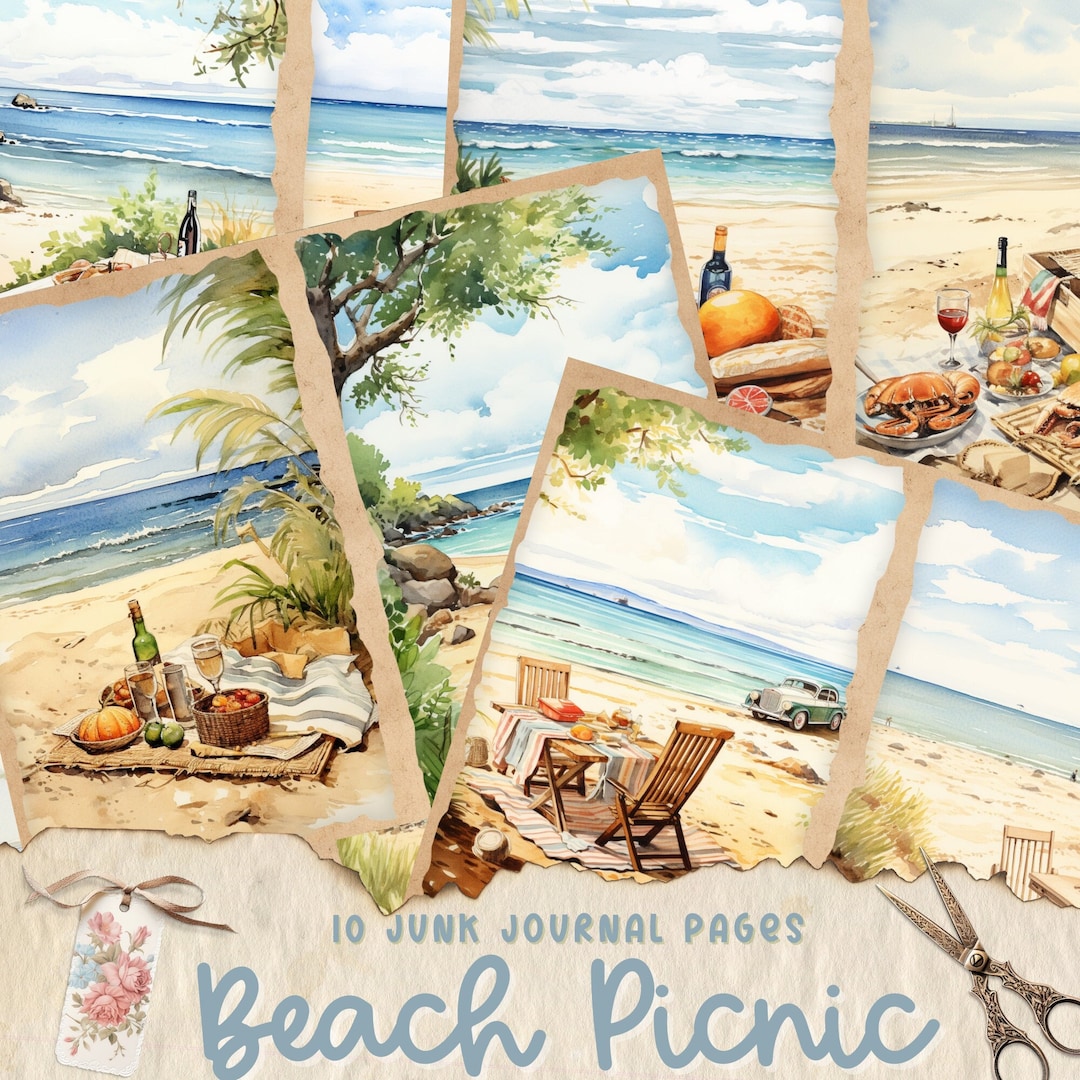 Beach Picnic Scene Junk Journal Pages, Digital Download, Scrap Book ...