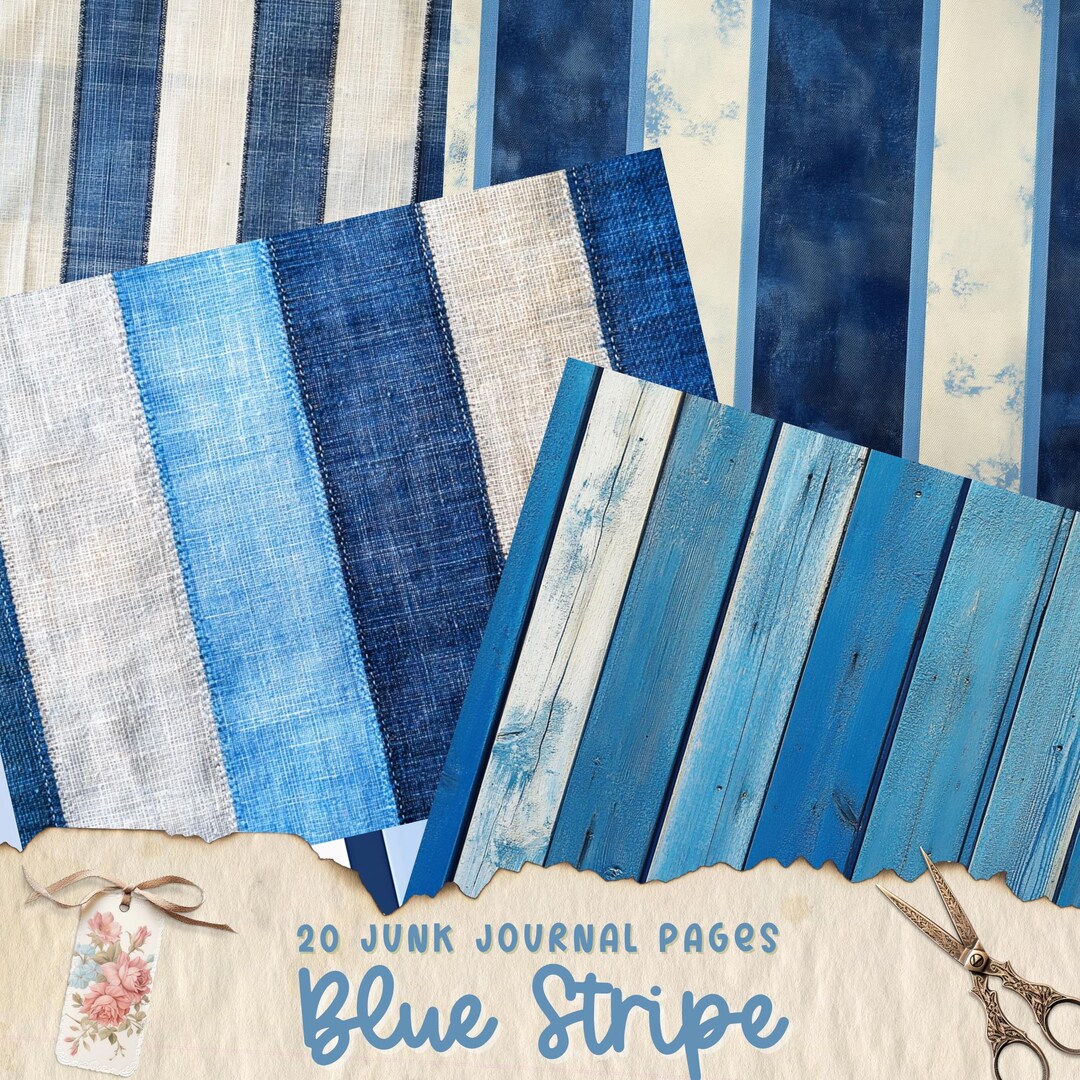 Blue Stripe Junk Journal Pages, Digital Paper, Texture Grunge Sheets ...