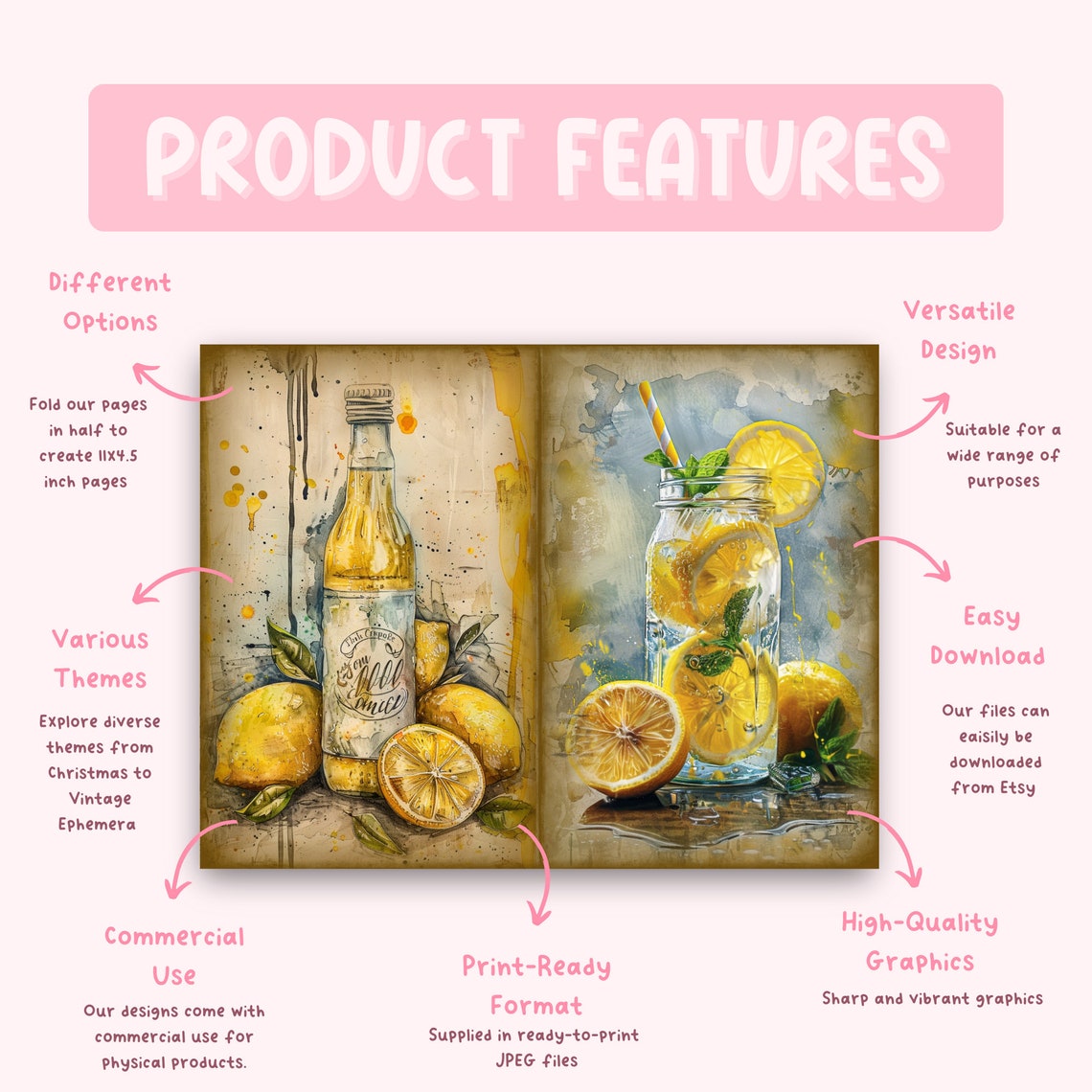 Lemon Junk Journal Pages, Digital Scrapbook Paper Kit, Fruit Printable ...