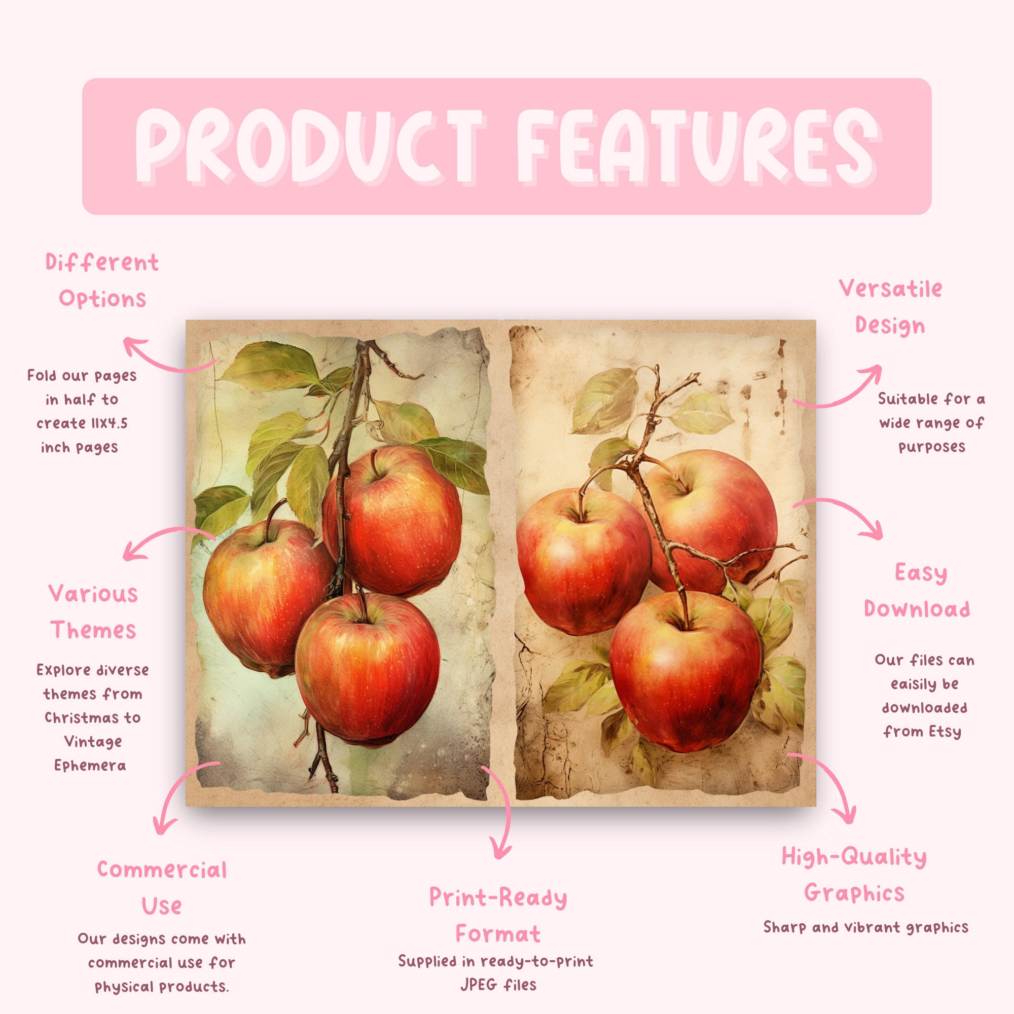 Apples Junk Journal Pages, Digital Scrapbook Paper Kit, Fruit Printable ...