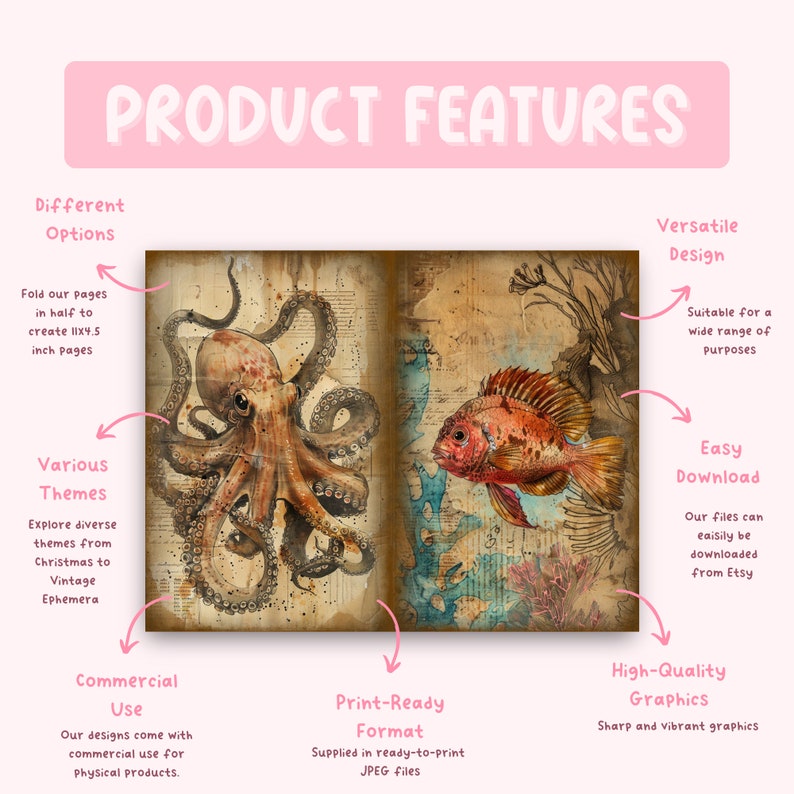 Ocean Animal Junk Journal Bundle, Background Paper, Digital Paper ...