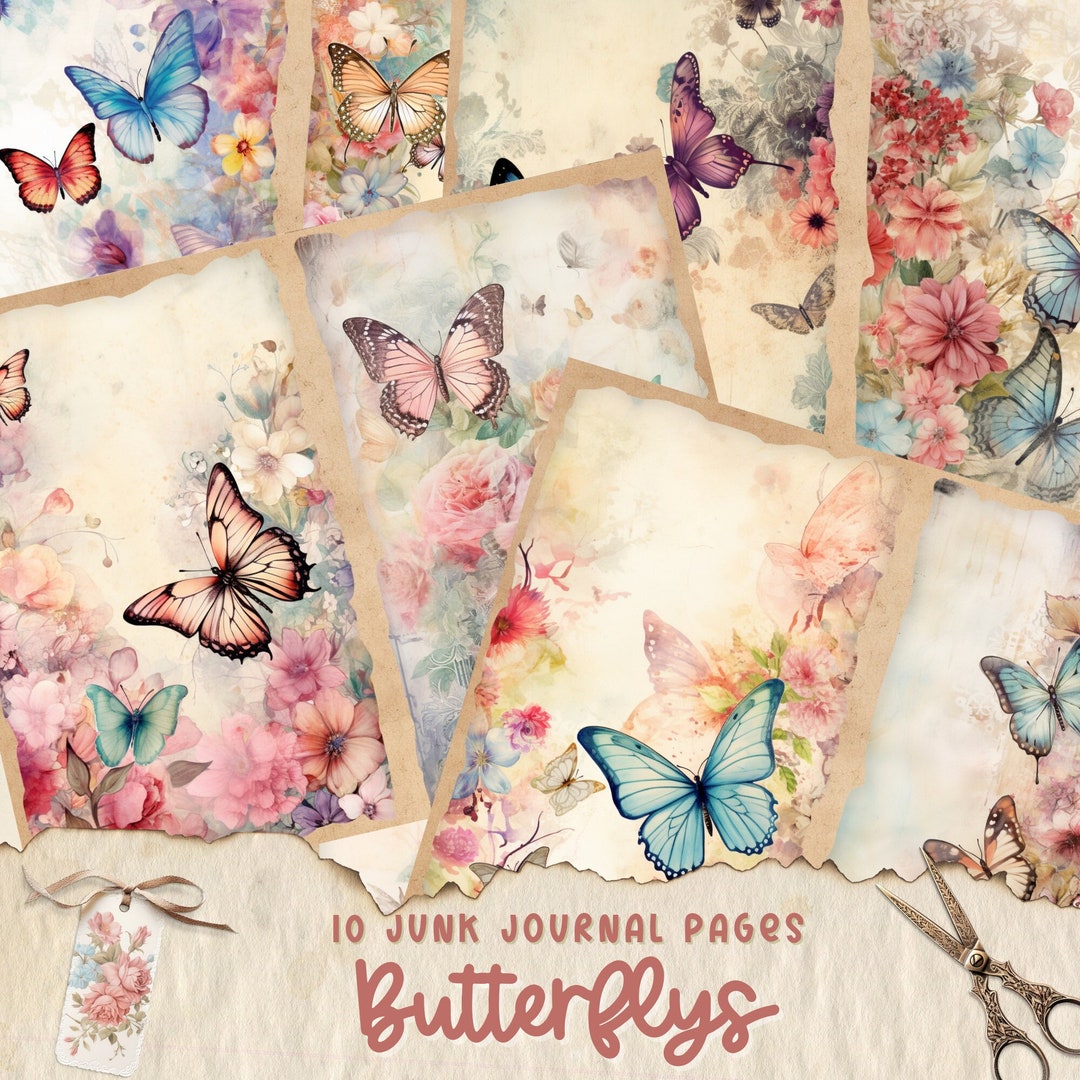 Floral Butterfly Junk Journal Paper, Fantasy Butterfly Journal Pages ...