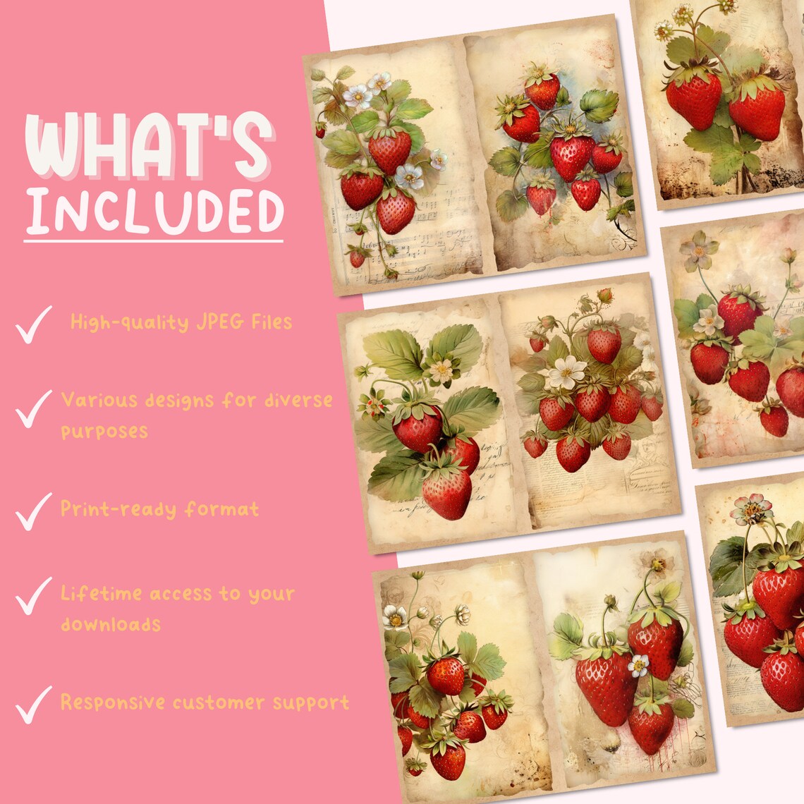 Strawberries Junk Journal Pages, Digital Scrapbook Paper Kit, Fruit ...