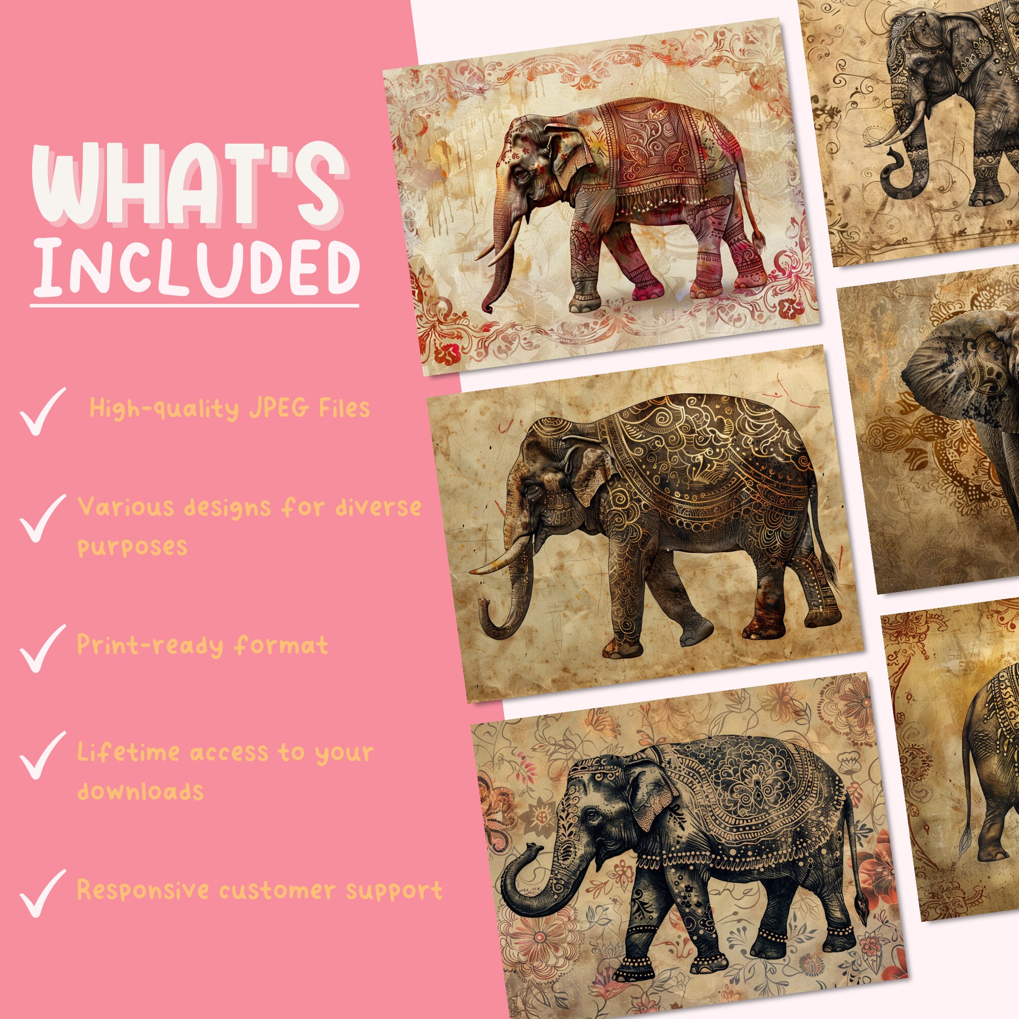 Elephant Junk Journal Pages, Henna Pattern, Indian Textures, Ethnic ...