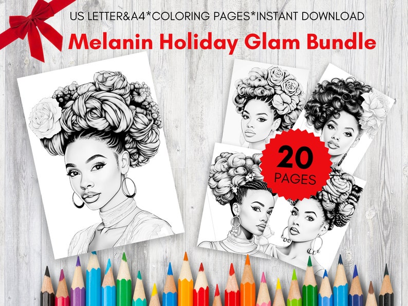 20 Portraits of Black Women, Holiday Glam, Coloring Book for Adults ...