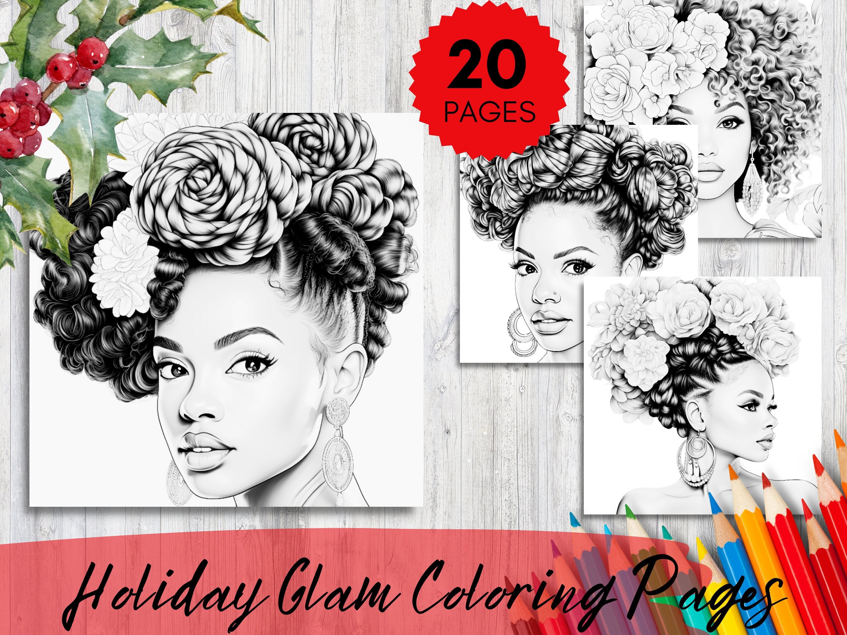 20 Portraits of Black Women, Holiday Glam, Coloring Book for Adults ...