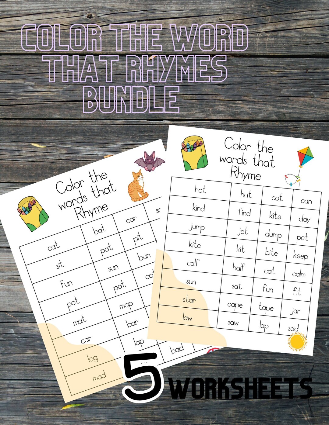 Rhyming Word Coloring Worksheets Language Arts Kindergarten - Etsy