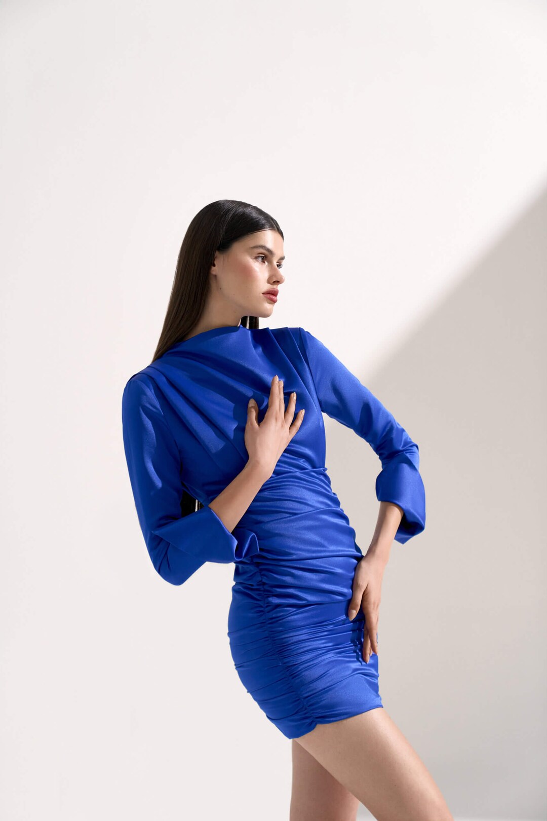 Blue Draped Mini Dress - Blue Cocktail Dress - Ruched Bodycon Long ...