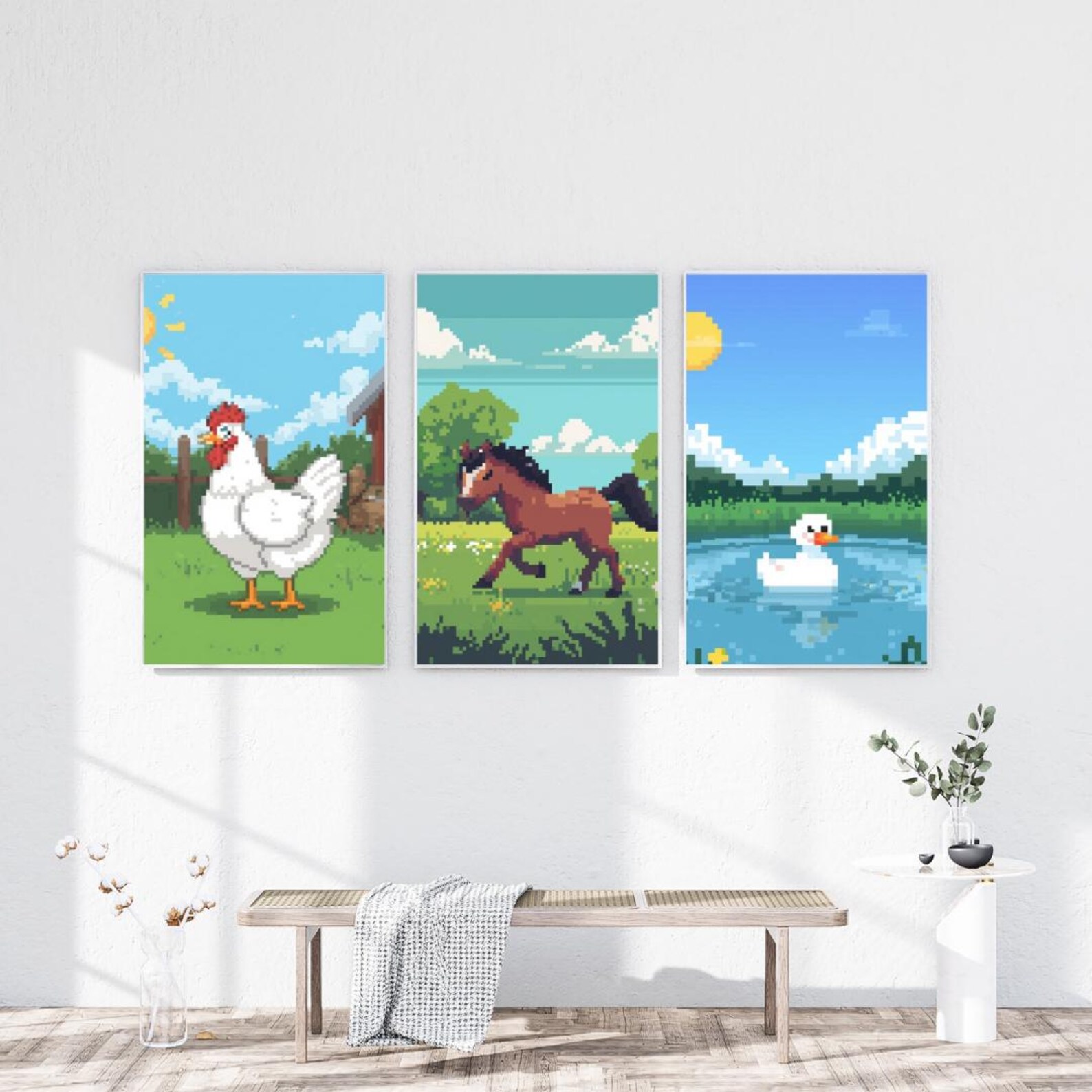 Pixel Farmhouse Wall Art Set of 5 | Retro Farm Animals & Cozy Country ...