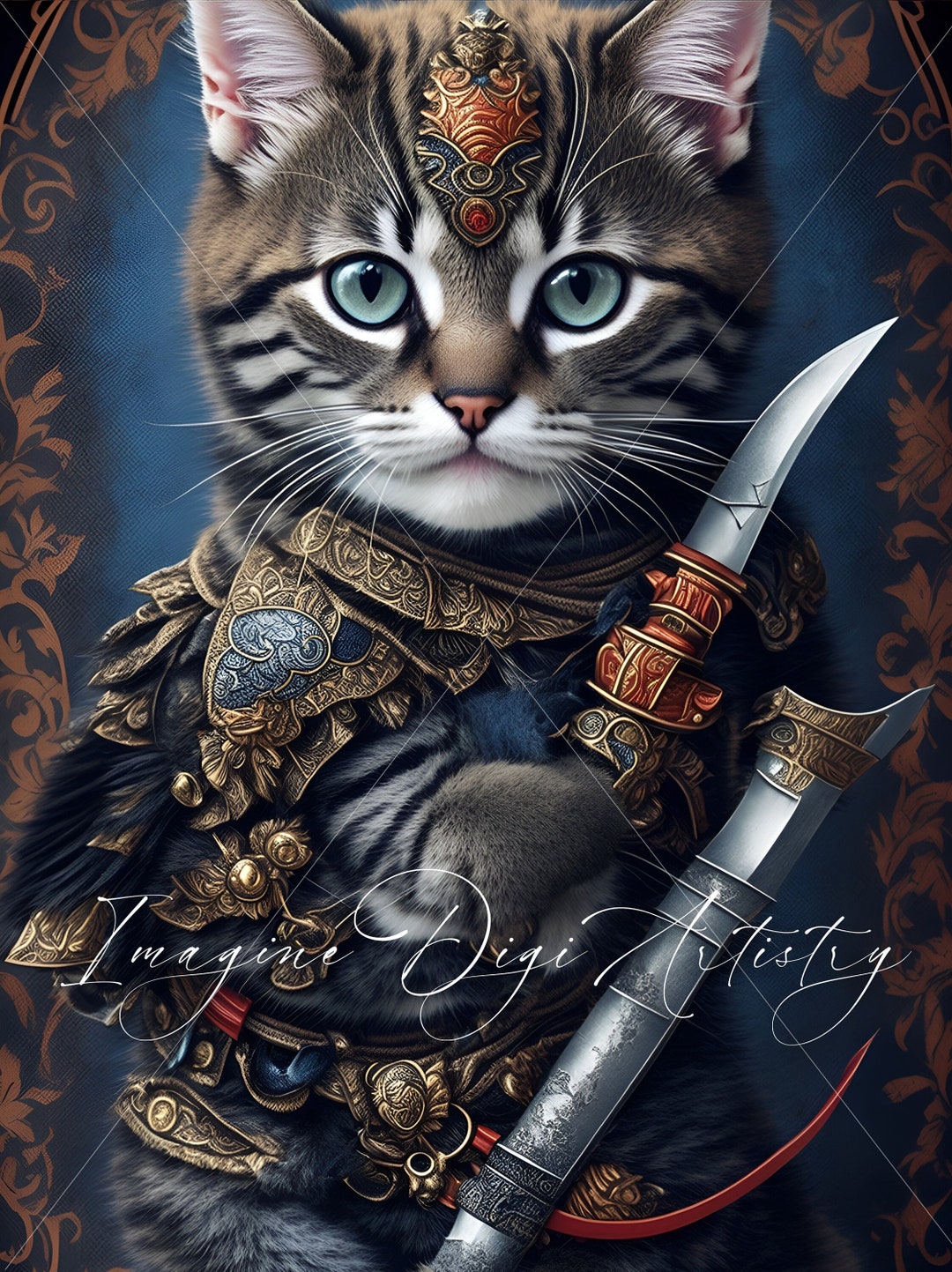 Samurai Kitten Holding Knife, Digital Art for Mobile Wallpaper for ...