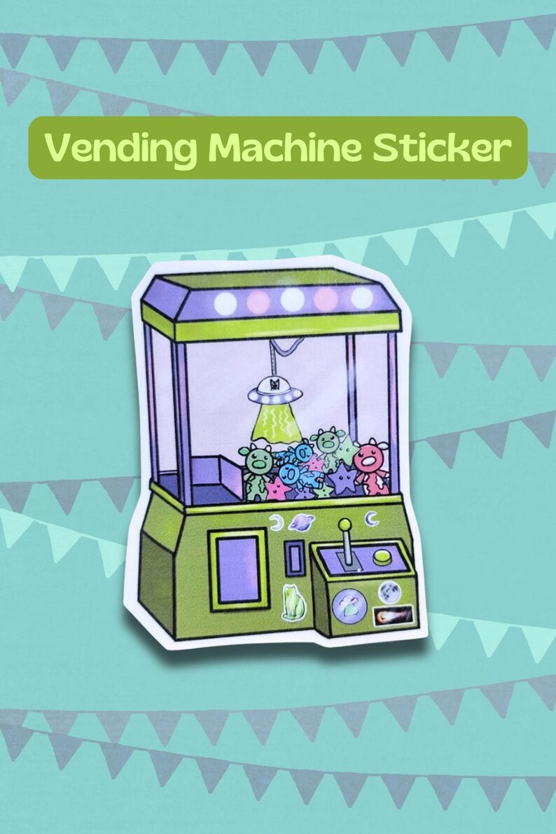 Claw Machine Vinyl Sticker, Cute Cosmic Plushie Vending Machine, UFO ...