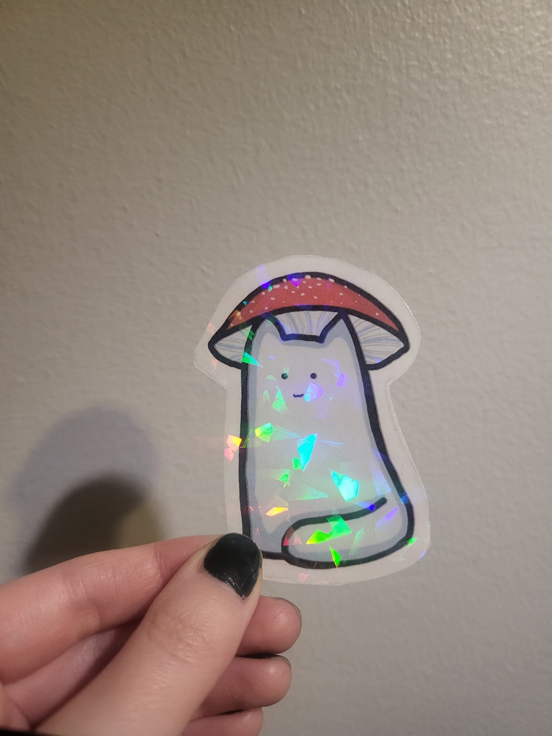 Mushroom Cat Sticker Cute Holographic Vinyl Sticker White Cat - Etsy