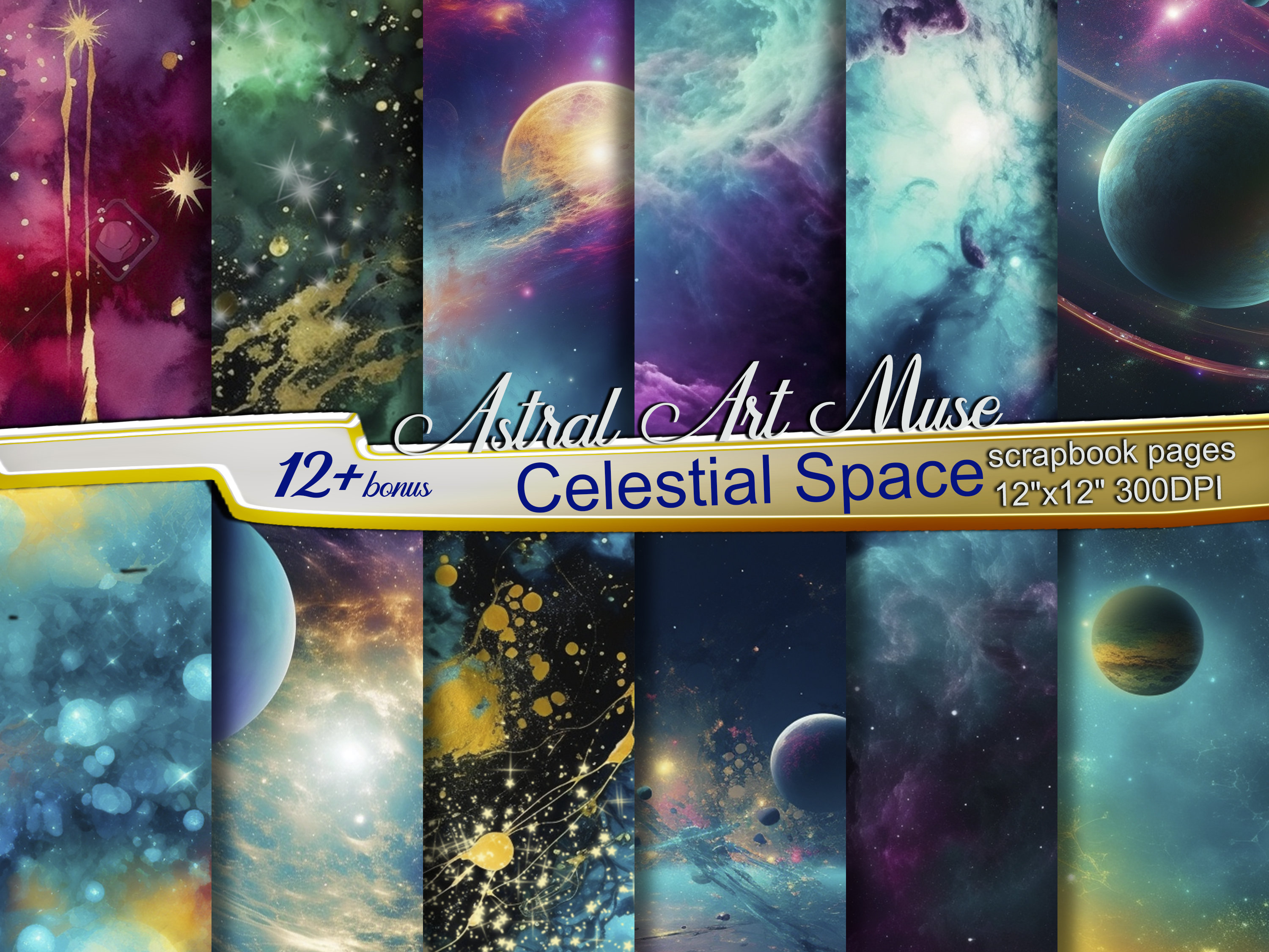 Celestial Space Digital Paper Design Astral Astronomy Stars Planets ...