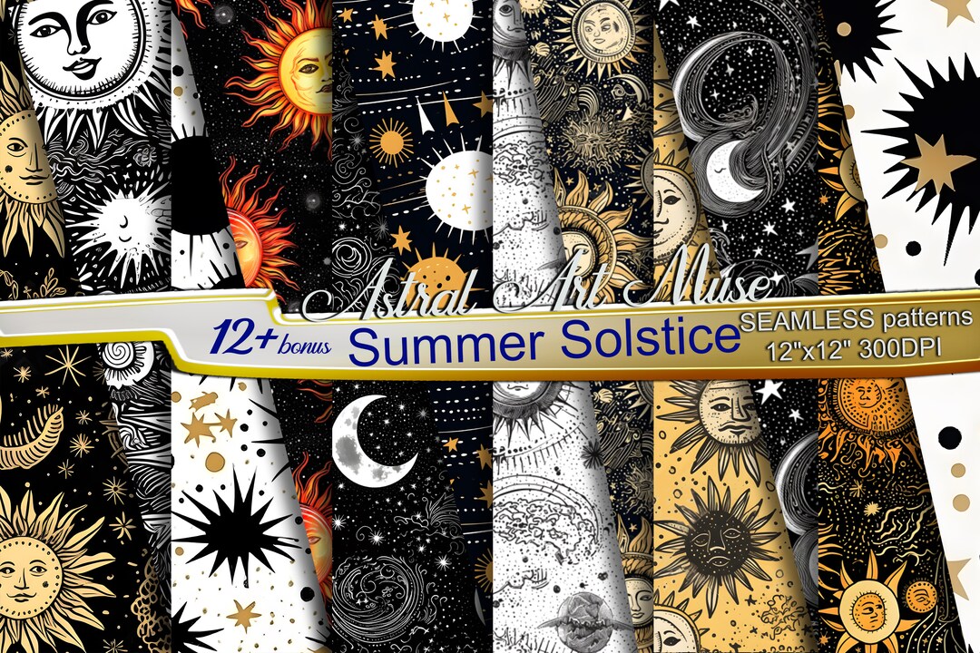 SUMMER SOLSTICE Pattern Sun Moon Stars SEAMLESS Digital Paper Cosmic ...
