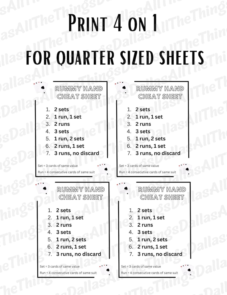Rummy Card Game Hands Cheat Sheet {instant Download} - Etsy