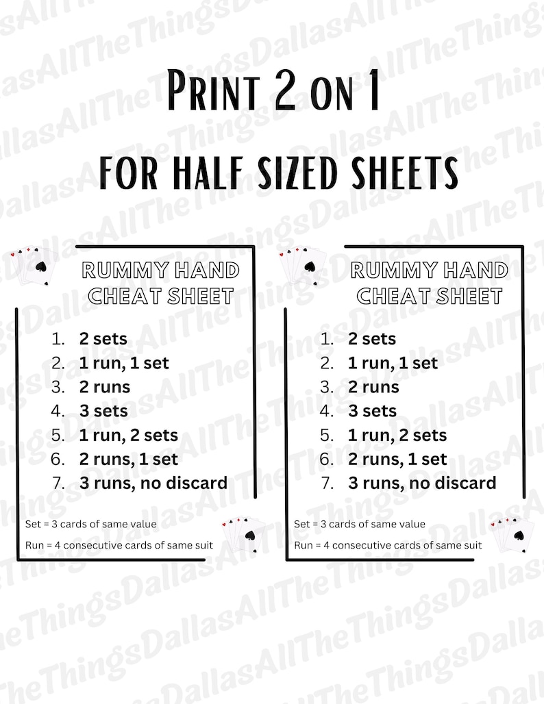 Rummy Card Game Hands Cheat Sheet {instant Download} - Etsy