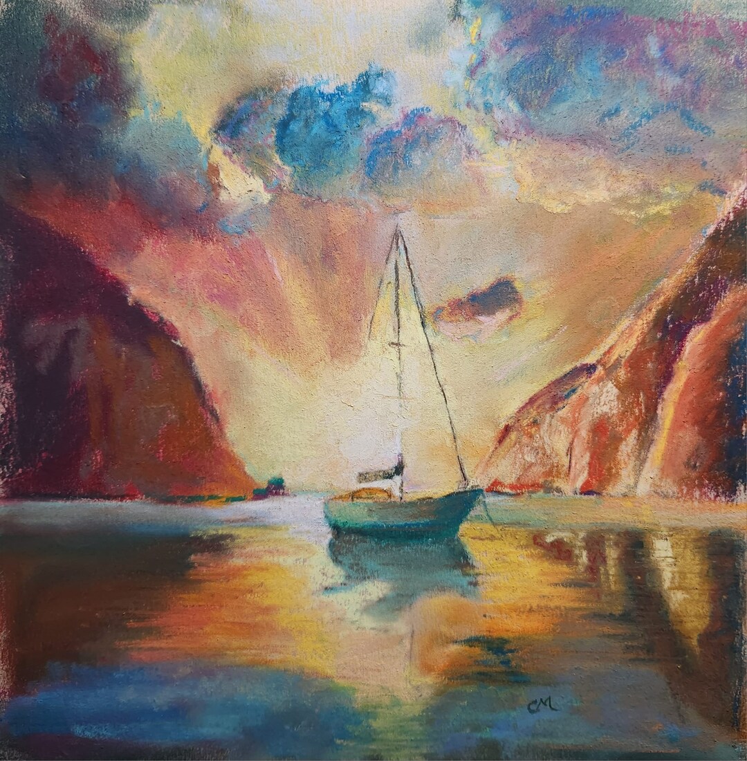 Original Pastel Painting, Sailboat Anchored in a Bay at Sunset - Etsy