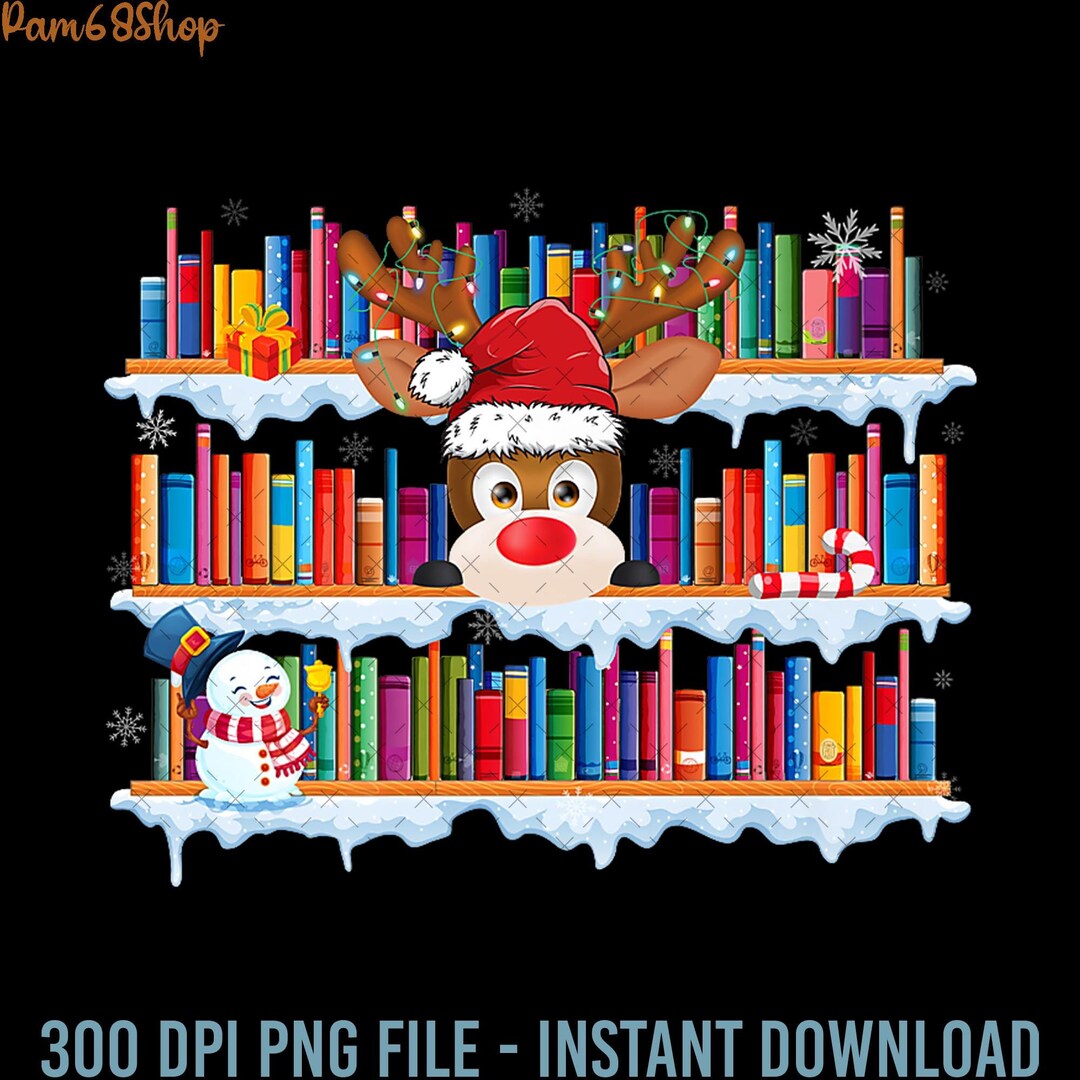 Reindeer Santa Hat Bookshelf Png, Teacher Christmas Png, Reindeer ...